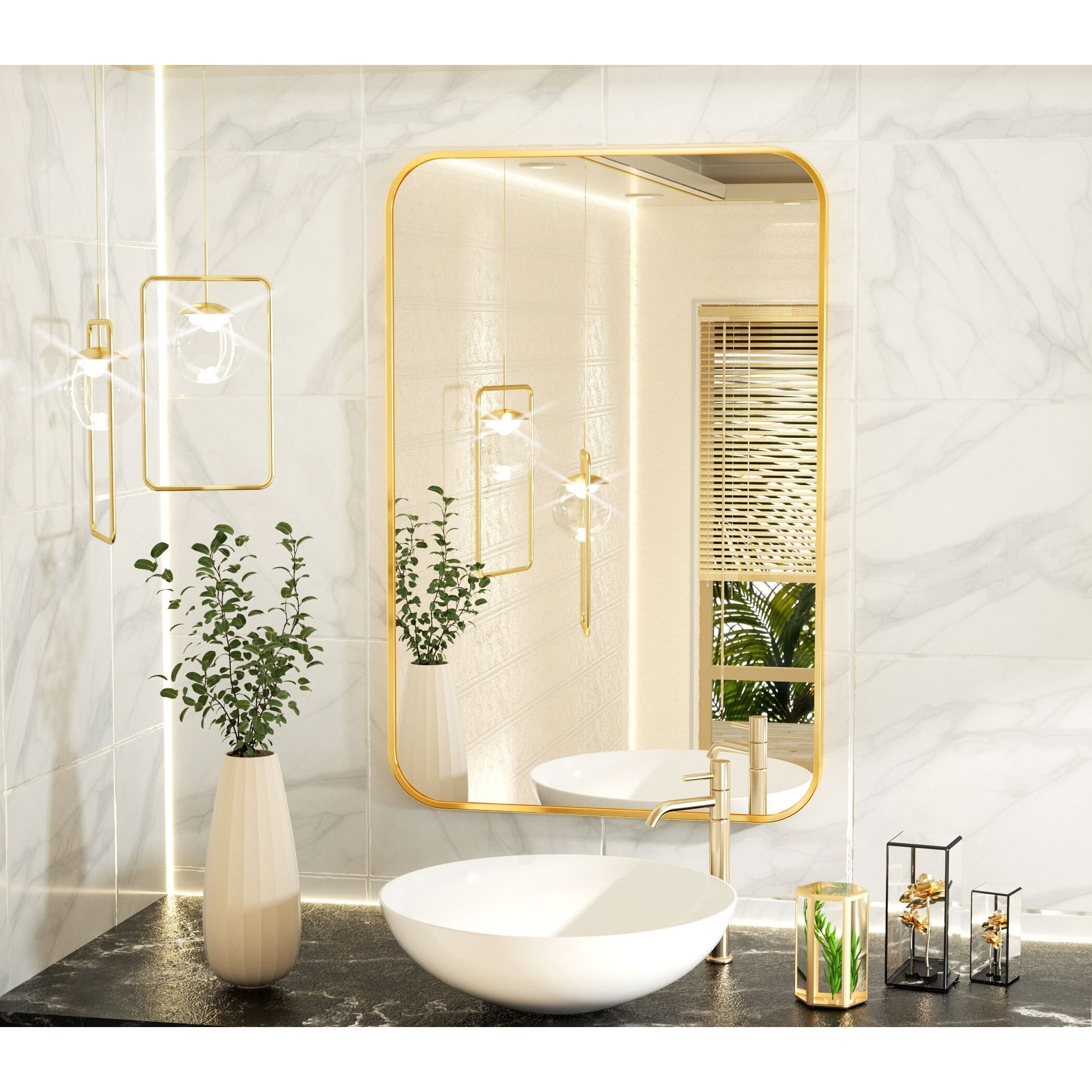 Wall Mounted Bathroom Mirror with Round Corner 24"x36" - Gold - Walmart.com