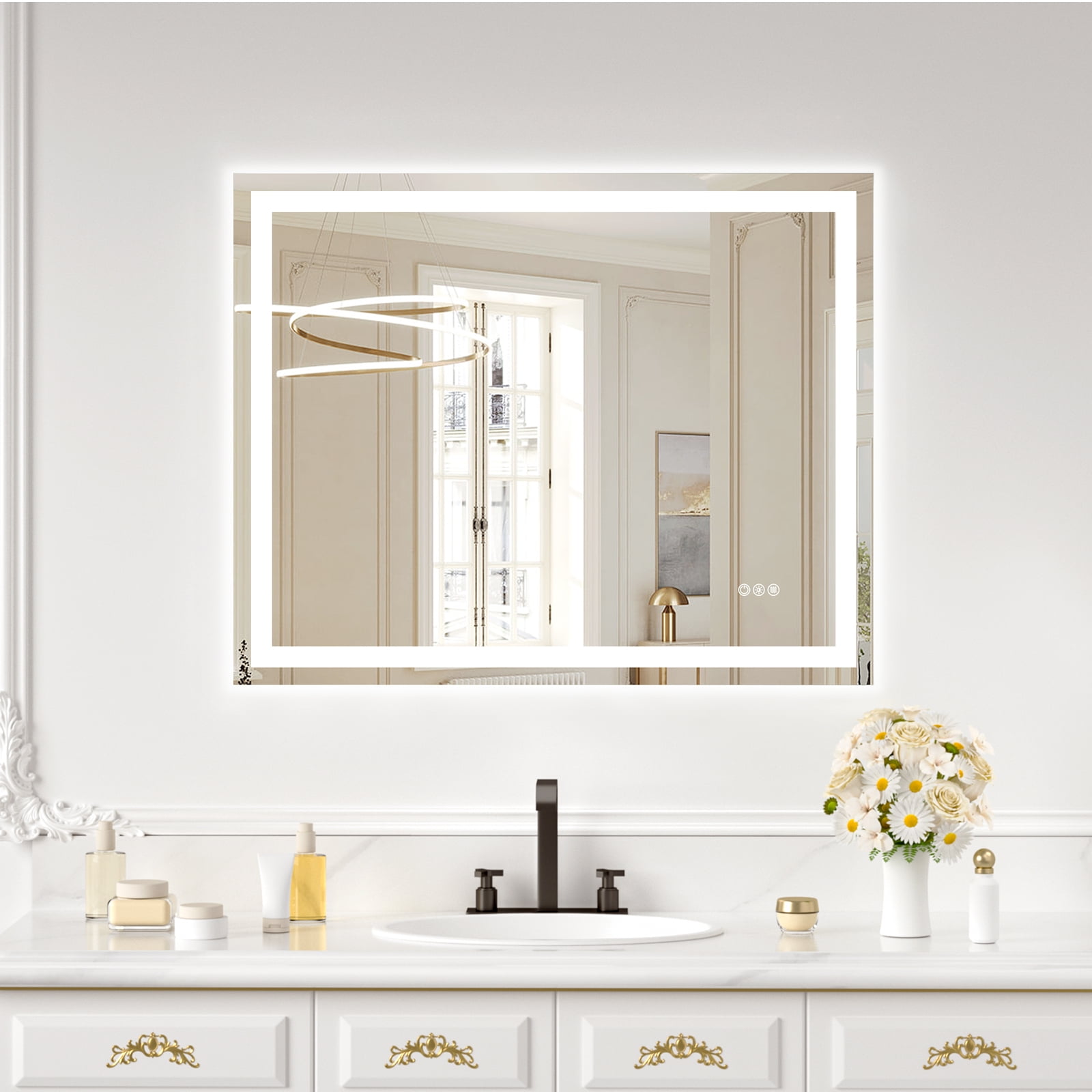 Wall Mounted Bathroom Mirrors 40x32" Frameless Eco-Friendly Silver MirrorDual LED Light ...