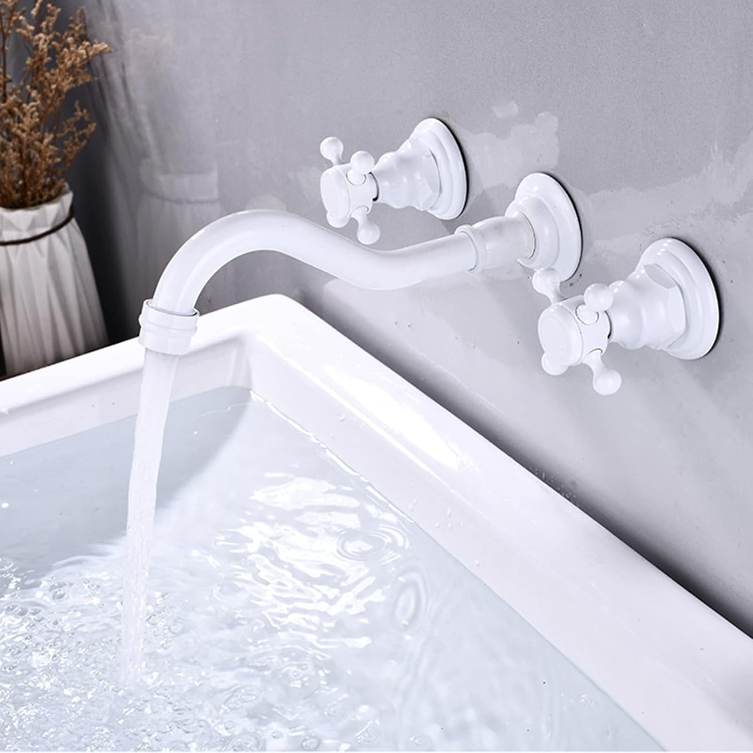 Wall Mounted Bathroom Sink Faucet White,Brass Hot and Cold Sink Mixer ...