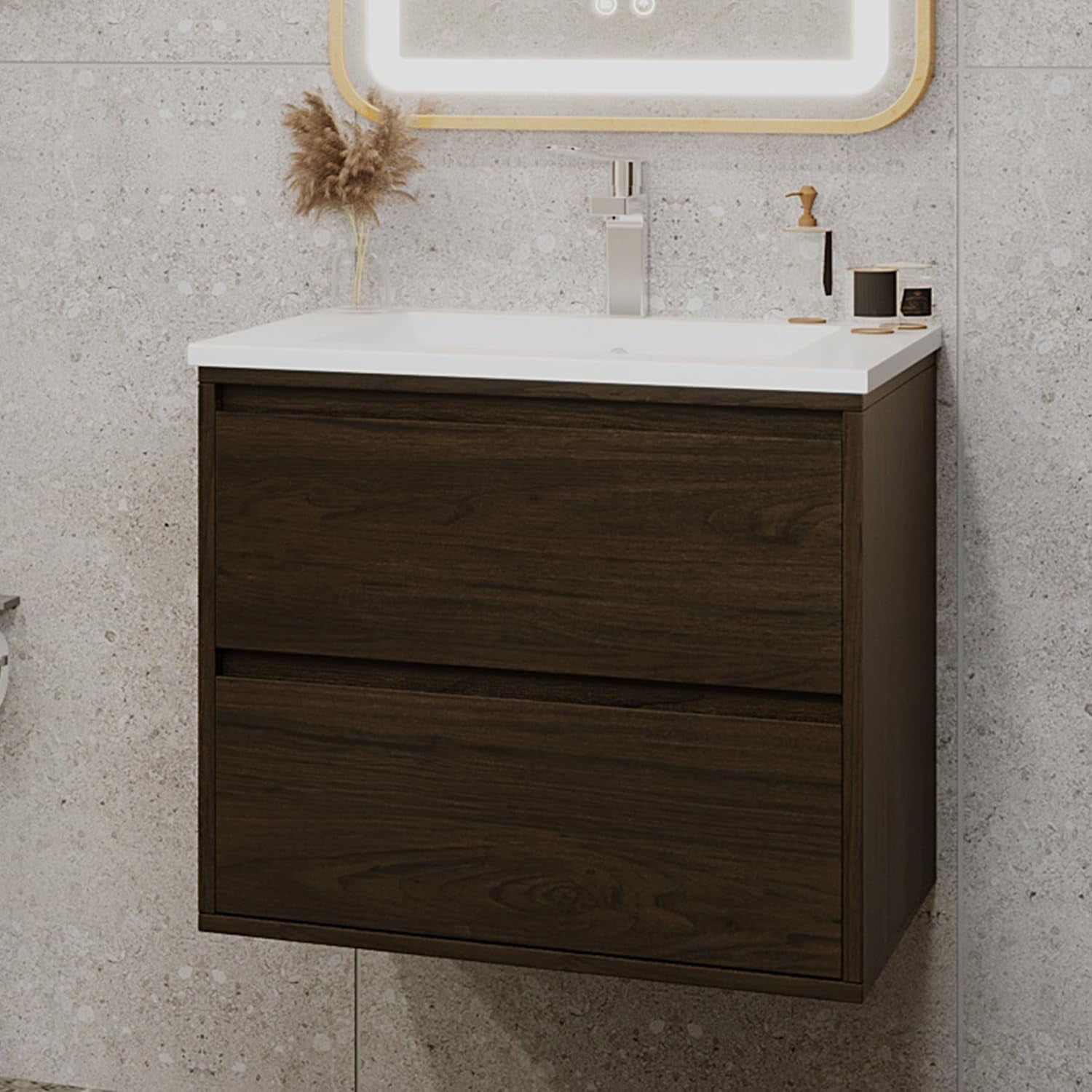 Wall Mounted Bathroom Vanity 24" - Walnut, Two Slide Drawers ...