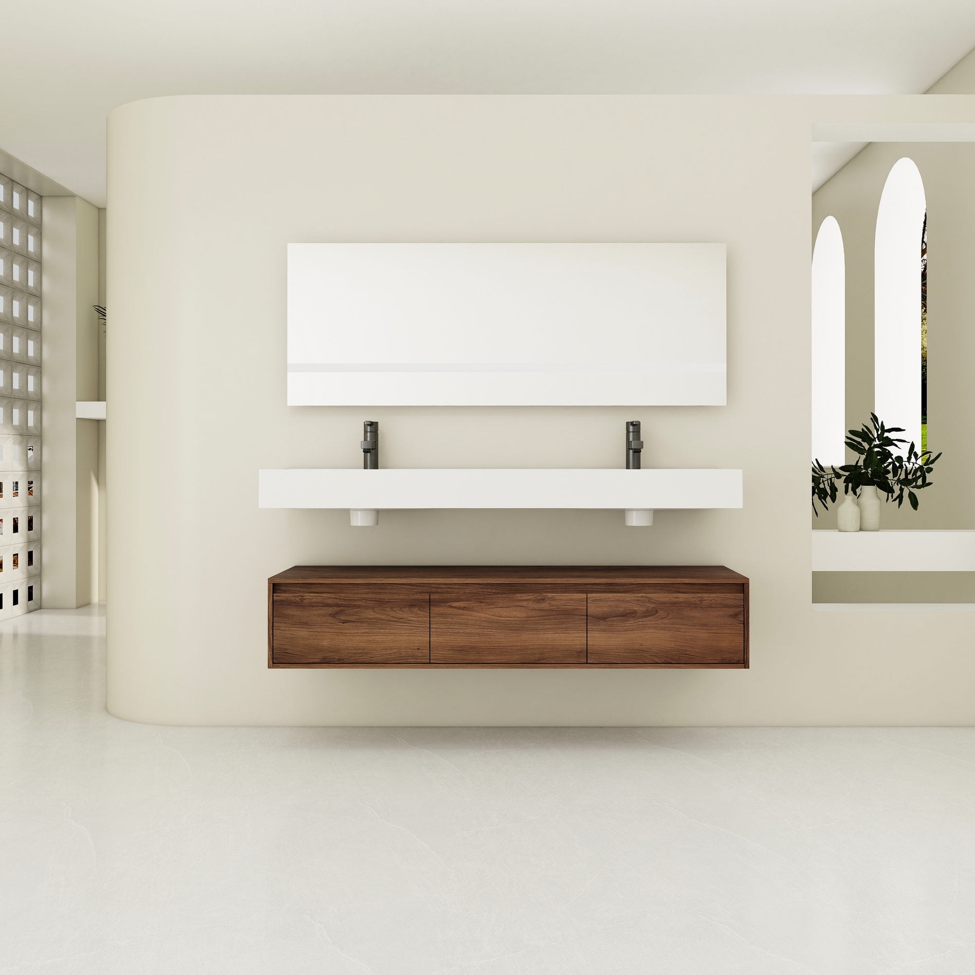 Wall-Mounted Bathroom Vanity with Dual Resin Sinks | Soft-Close Drawers ...