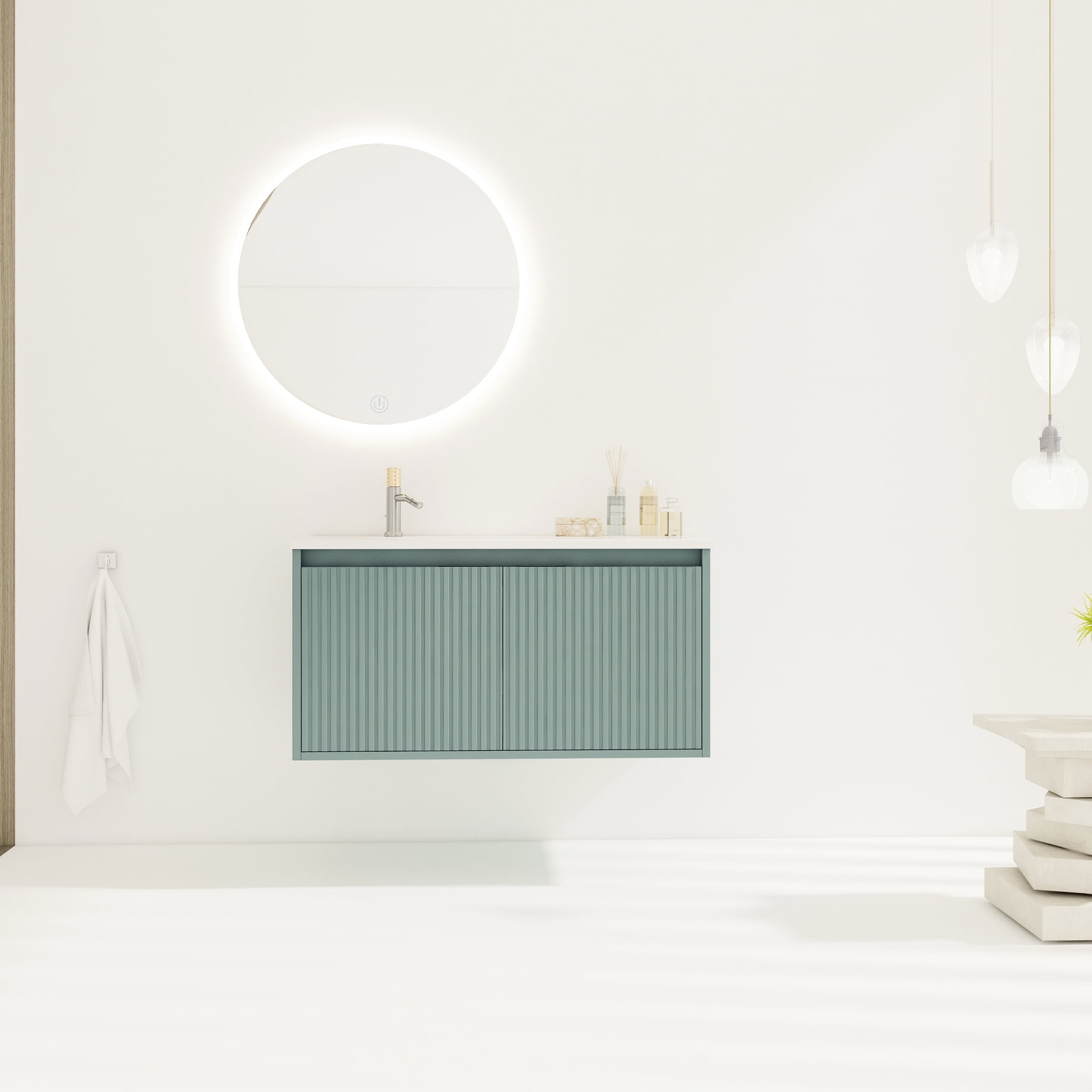 Wall Mounted Bathroom Vanity With 36" Resin Basin - 2-door Cabinet For Ample Storage , Drop ...