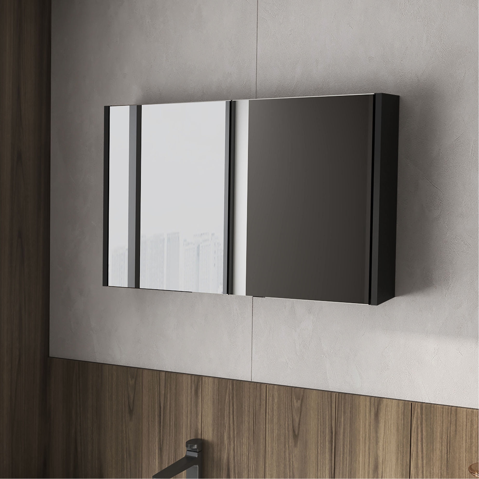 Wall-Mounted Black Bathroom Cabinet - Integrated Mirrors, 3 Shelves ...