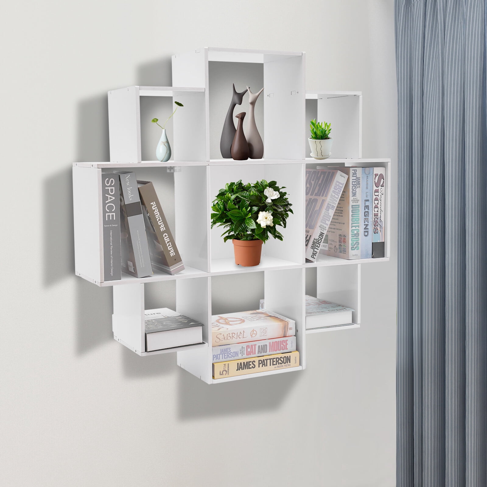 Wall Mounted Book Shelf, 3-Tier Space-Saving Bookcase with 9 ...