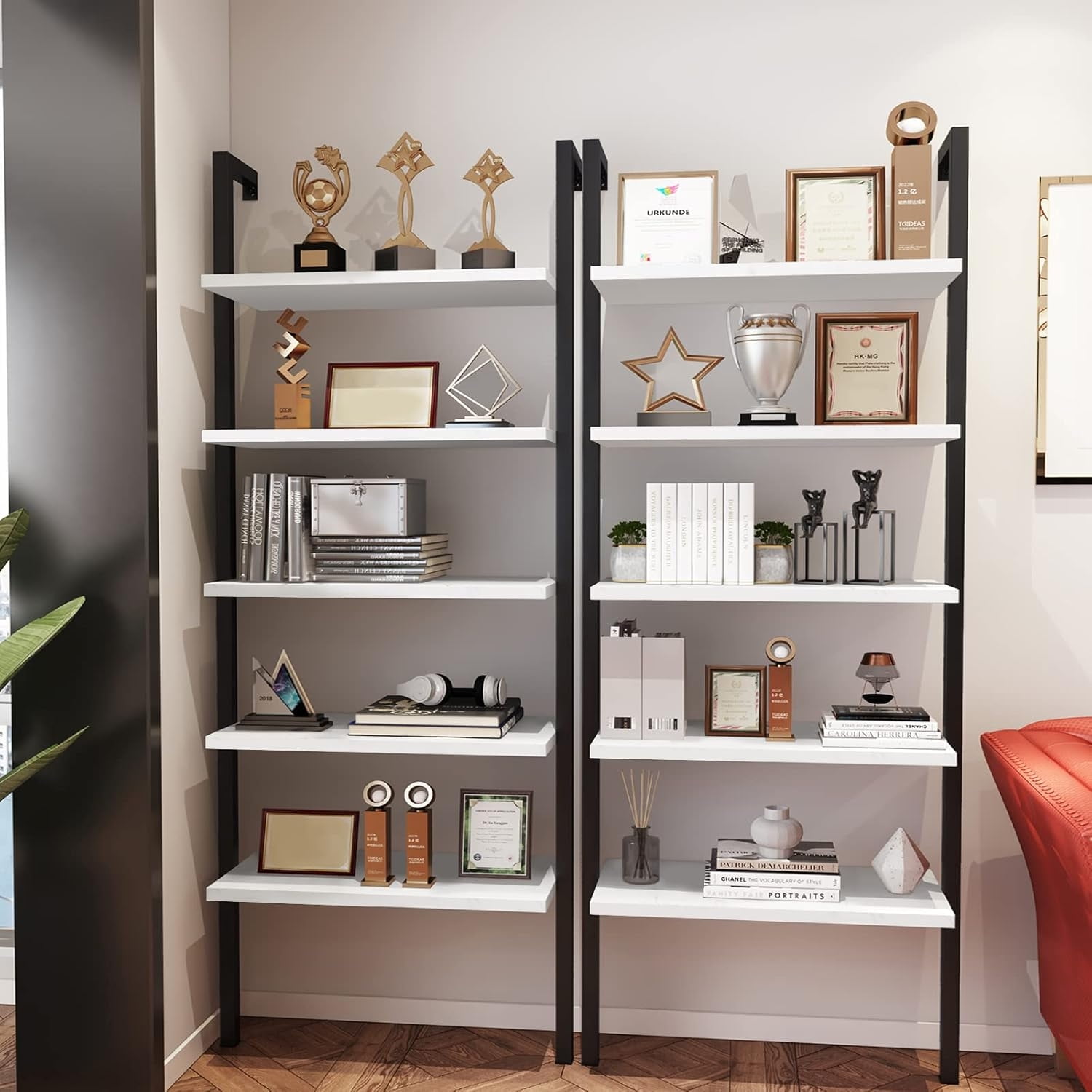 Wall Mounted Bookcase 2 Pcs Industrial Ladder Bookshelf 5-Tier Mounted ...