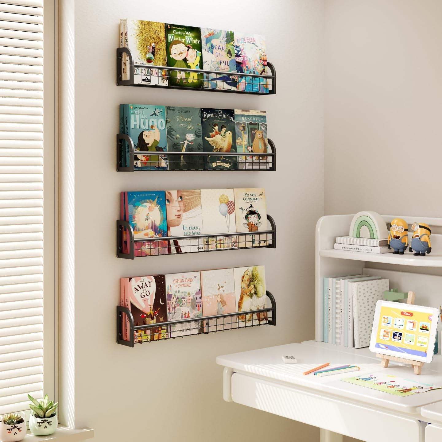 Wall Mounted Bookshelf Set of 4, Hanging Bookshelves for Wall, Metal ...