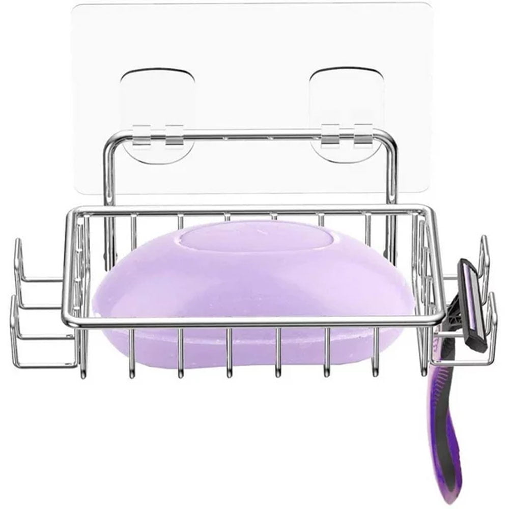 Wall-Mounted Caddy with 4 Hooks, Stainless Steel Soap Dish Tray for ...