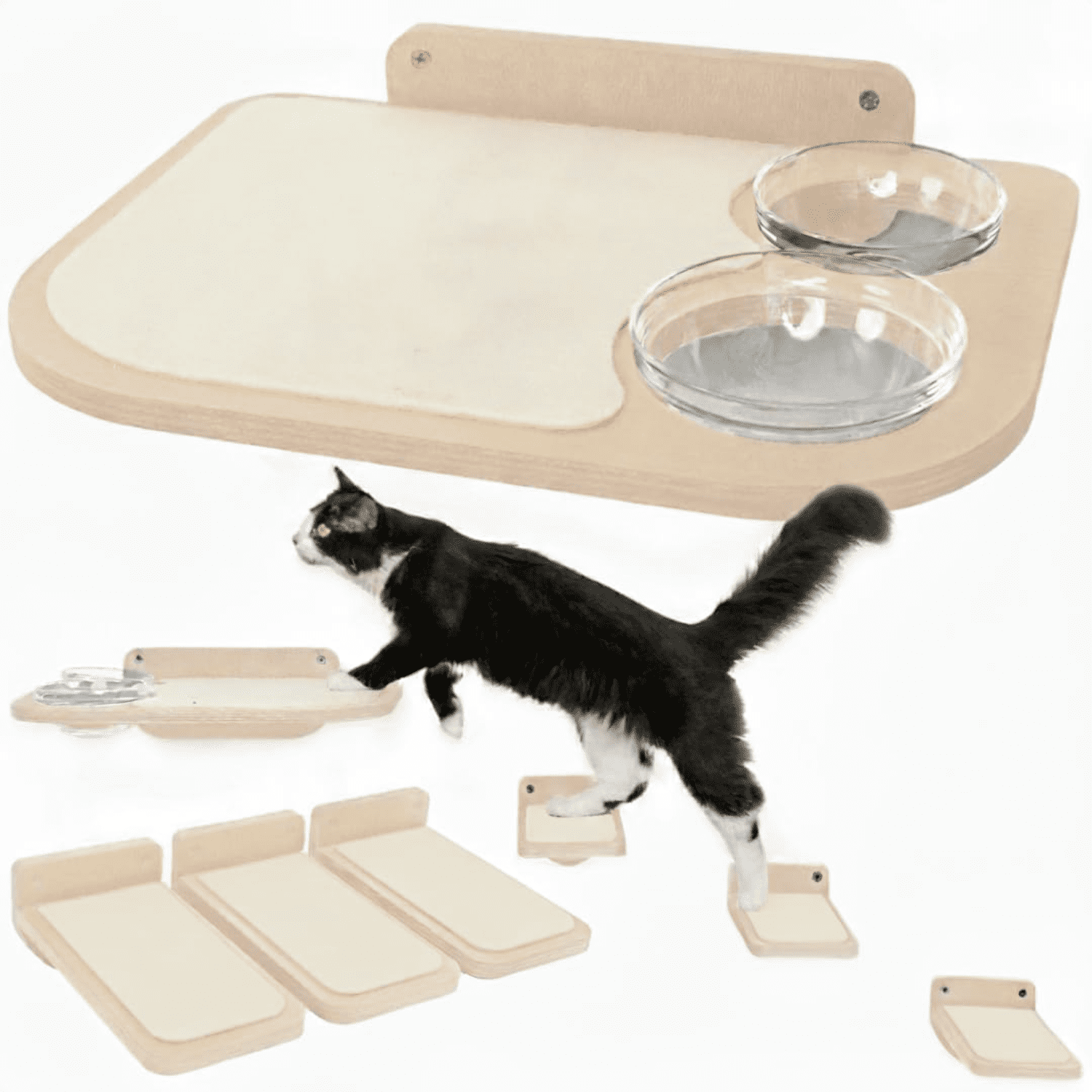 Wall-Mounted Cat Shelves with Dog-Proof Feeding Station, 3-Tier Birch ...