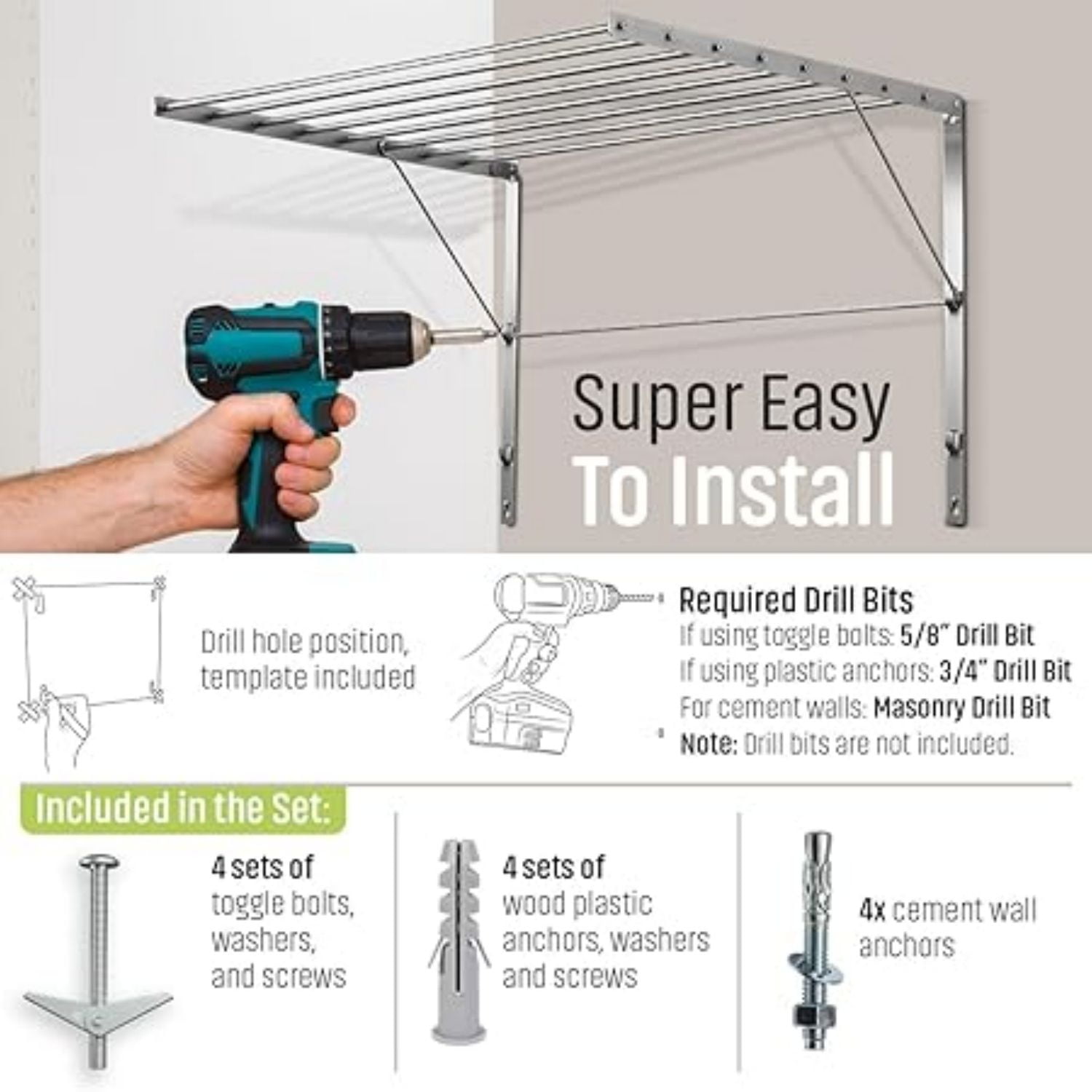 Wall Mounted | Clothes Drying Rack| 22" Wide |15 Linear Feet Capacity ...