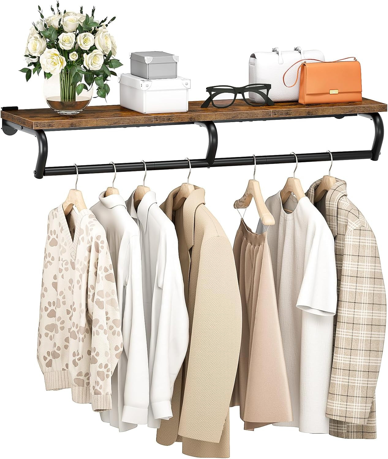 Wall Mounted Clothes Rack, Metal Garment Rack with Top Shelf, Laundry ...