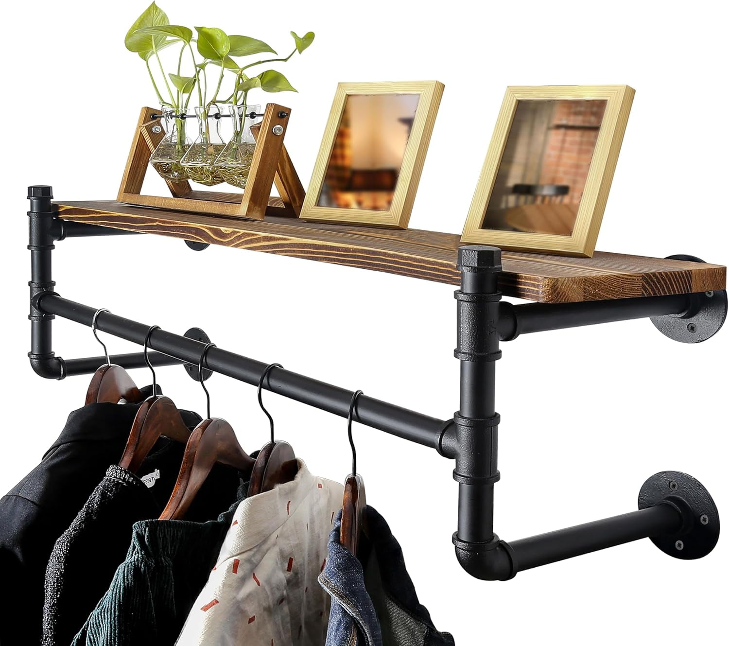 Wall Mounted Clothes Rack with Shelf,24" Industrial Pipe Clothing Rack ...