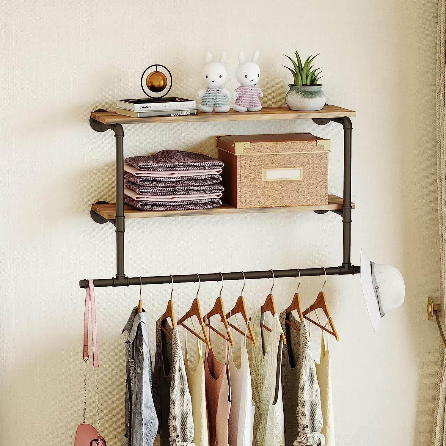 Wall Mounted Clothes Rack with Shelf, 42" Long Industrial Pipe Clothing ...