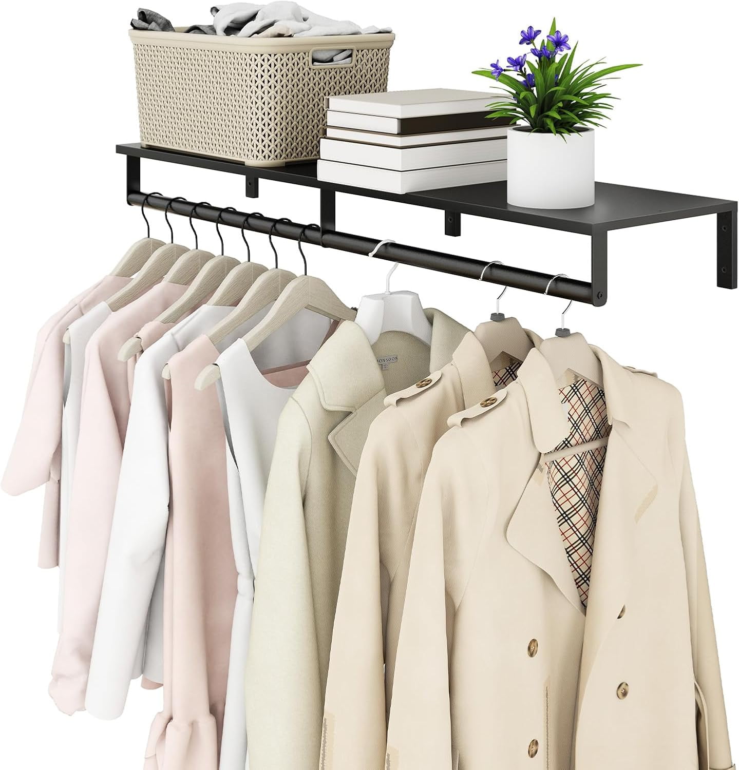 Wall Mounted Clothes Rack with Top Shelf, 41'' Industrial Clothing Rack ...