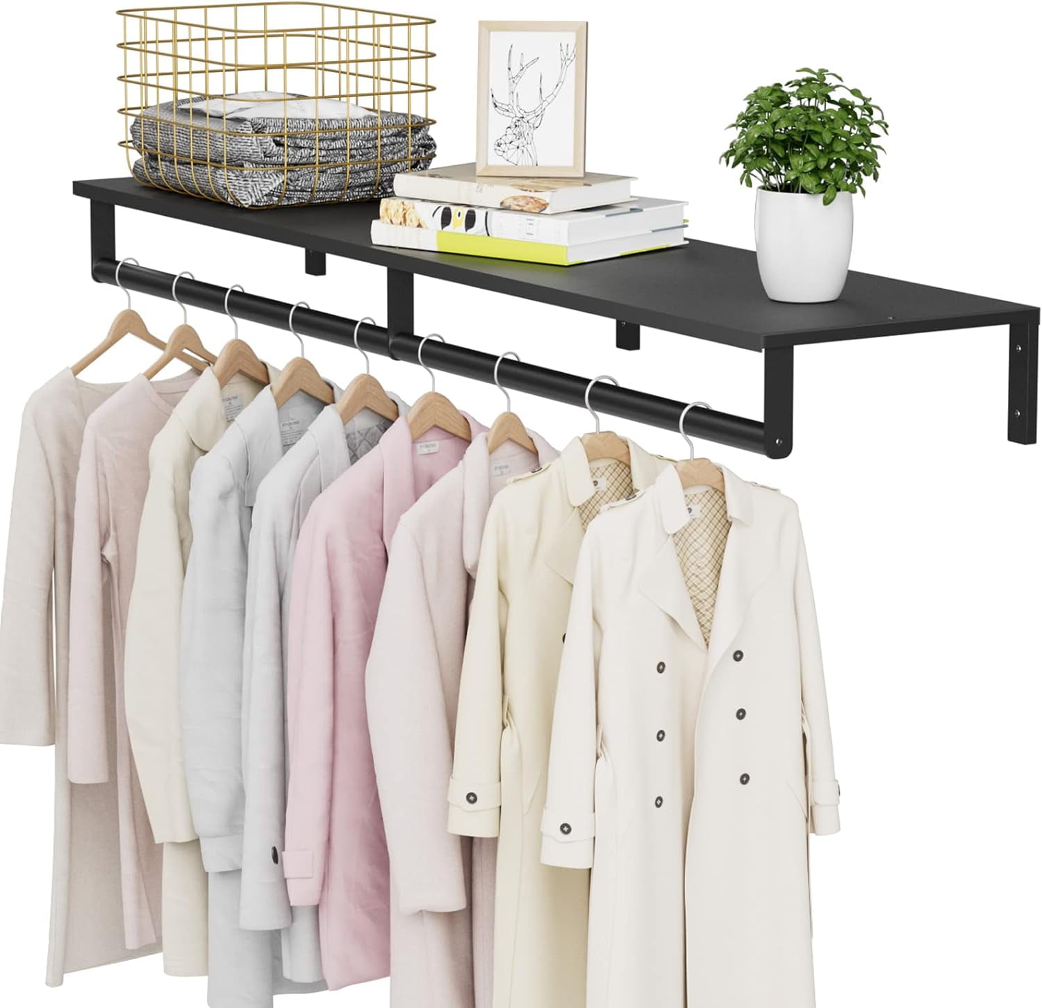 Wall Mounted Clothes Rack with Top Shelf, 46.5'' Industrial Clothing ...