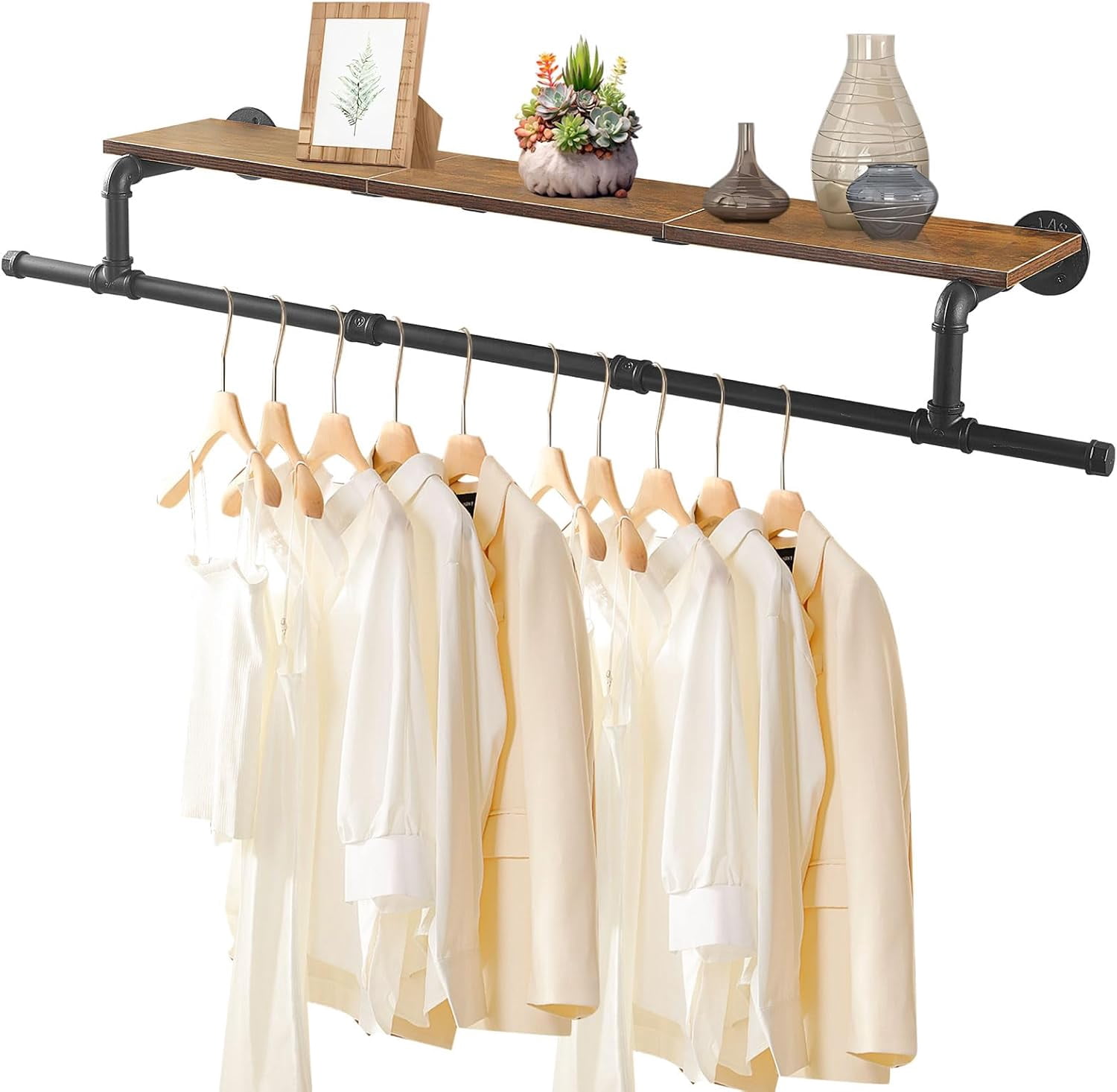 Wall Mounted Clothes Rack with Top Shelf, Space Saver Industrial Pipe ...
