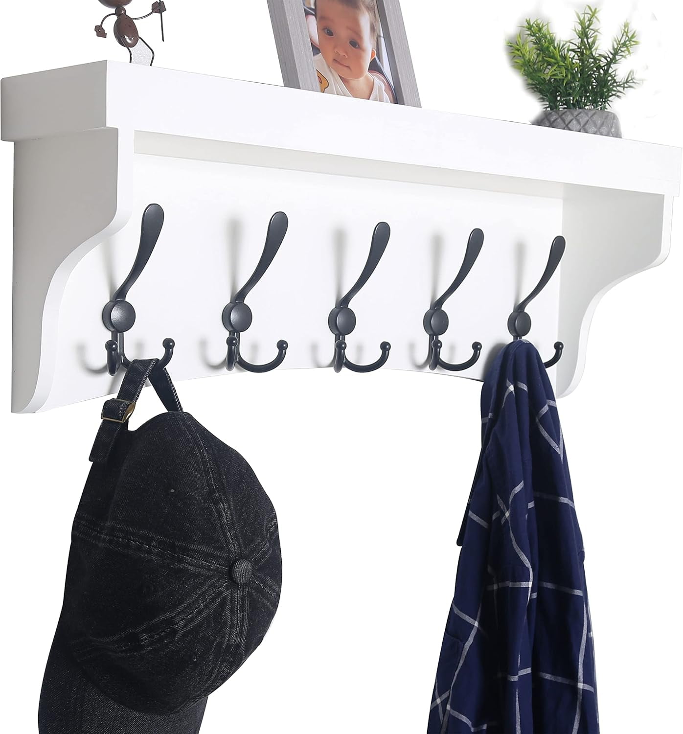 Wall Mounted Coat Rack with Shelf, 24" Long White Wall Shelf with Hooks ...