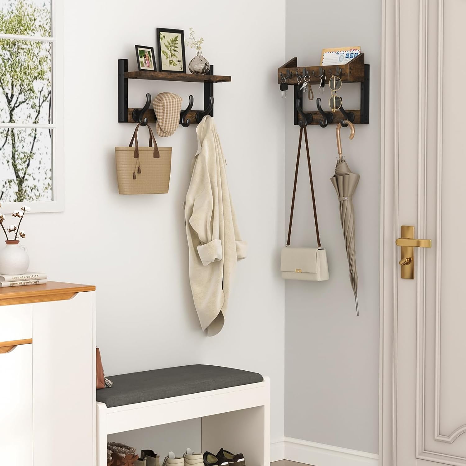 Wall Mounted Coat Rack with Shelf, 4-in-1 Entryway Organizer with 11 ...