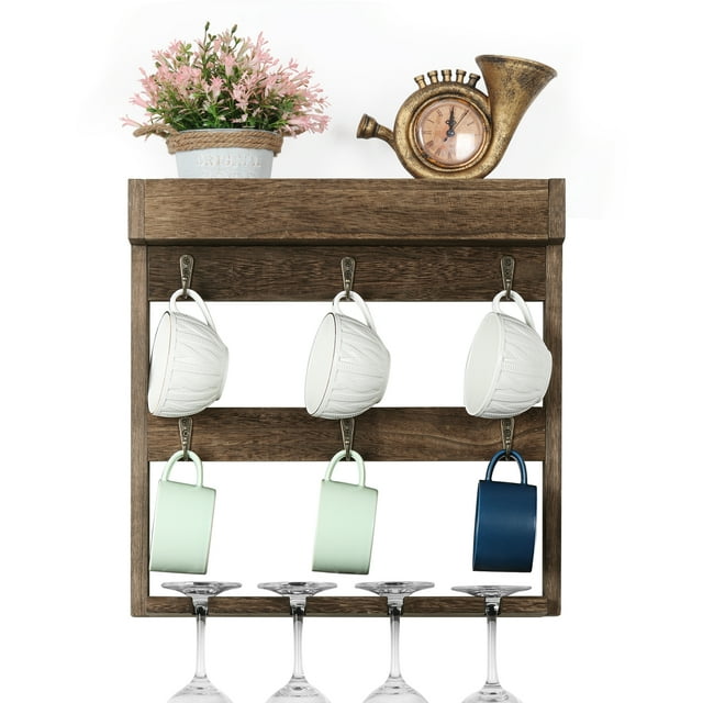 Wall Mounted Coffee Cup Holder with 6 Hooks and 4 Hanging Glasses, 3 ...