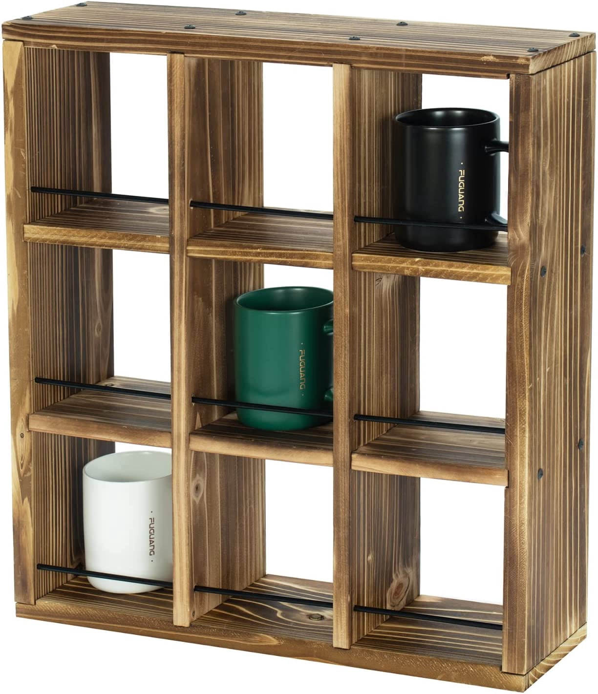 Wall Mounted Coffee Mug Display Rack – Rustic Burnt Wood Shadow Box ...
