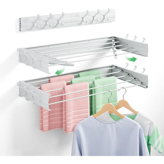 Wall-Mounted Collapsible Clothes Drying Rack with 6 Towel Hooks and 5 ...