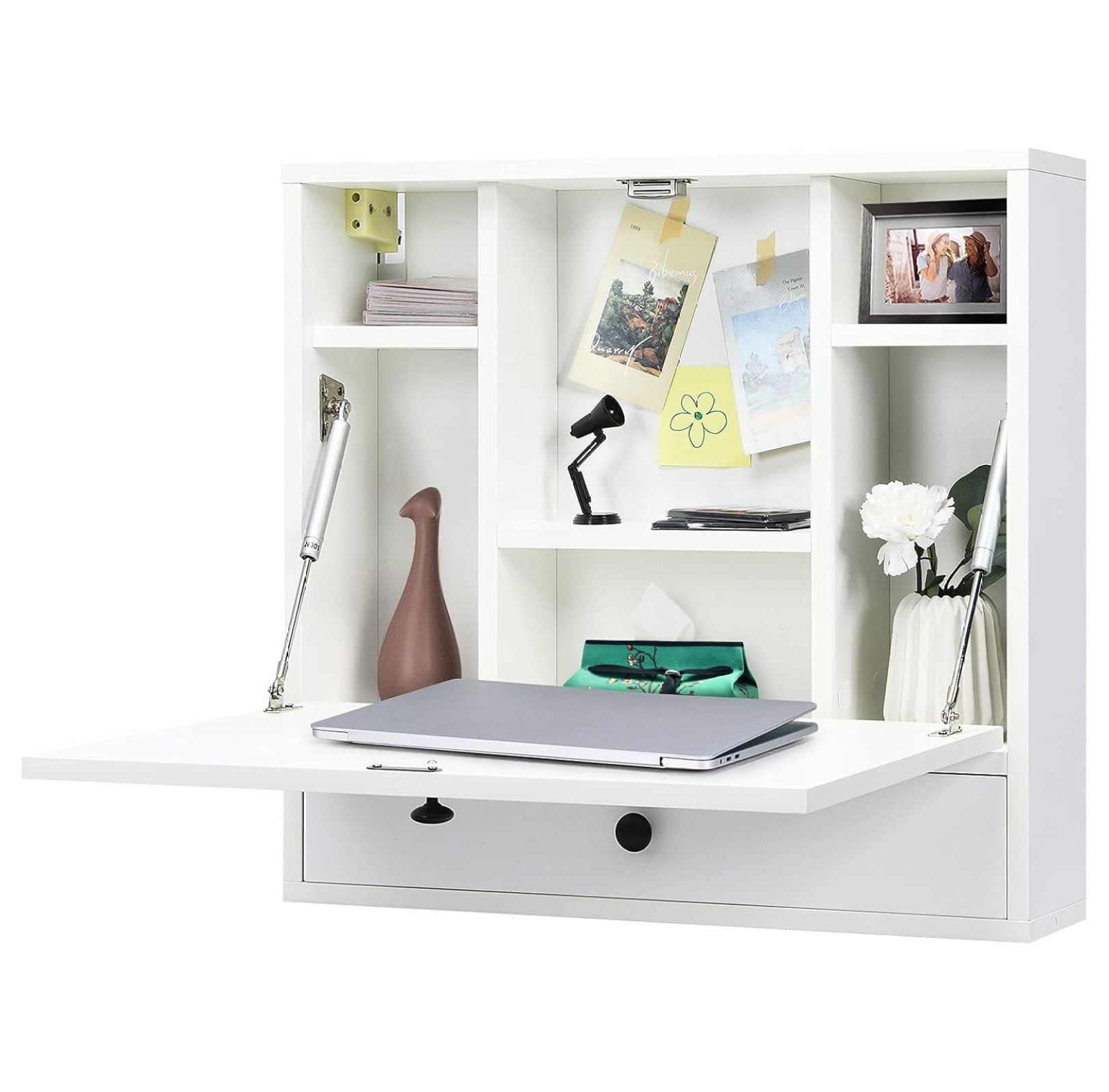 Wall-Mounted Computer Desk, Floating Desk with Storage Drawer & Shelves ...