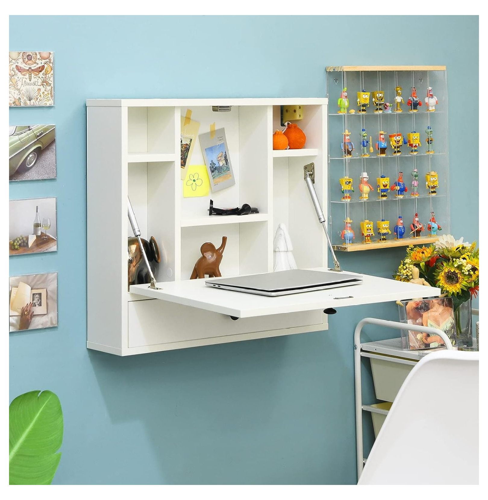 Wall Mounted Computer Desk w/Storage Drawer & Shelves, Compact Floating ...