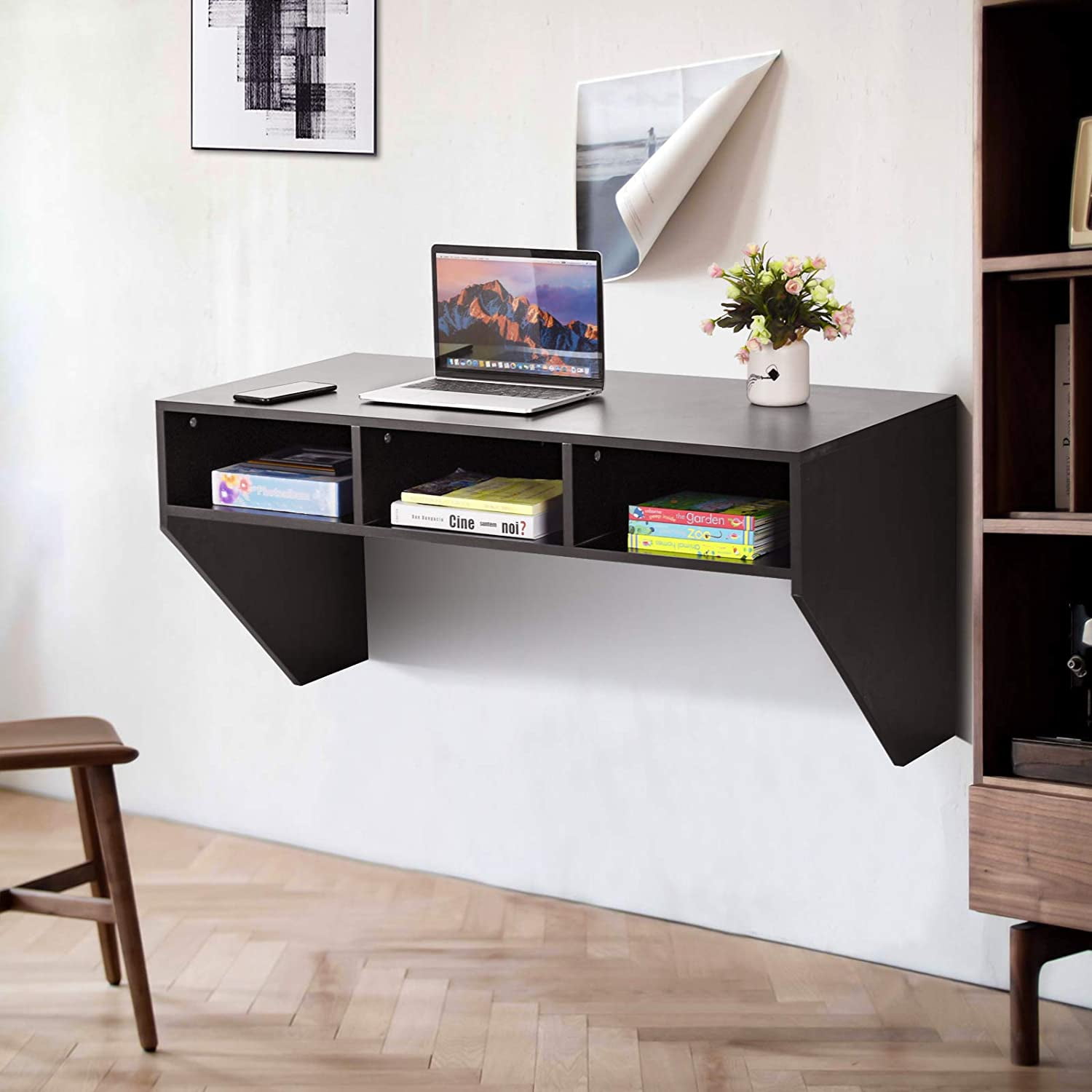 Wall Mounted Desk Floating Computer Desk W/3 Storage Shelves, Laptop PC ...