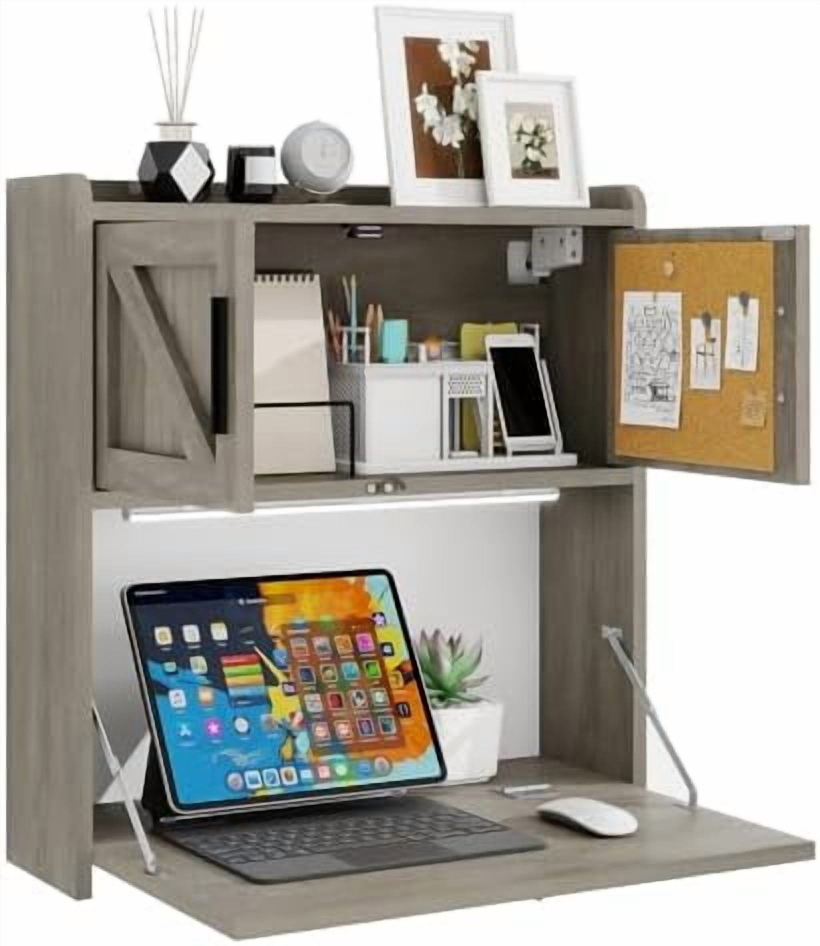 Wall Mounted Desk with LED Light Farmhouse Multifunctional Fold Down ...