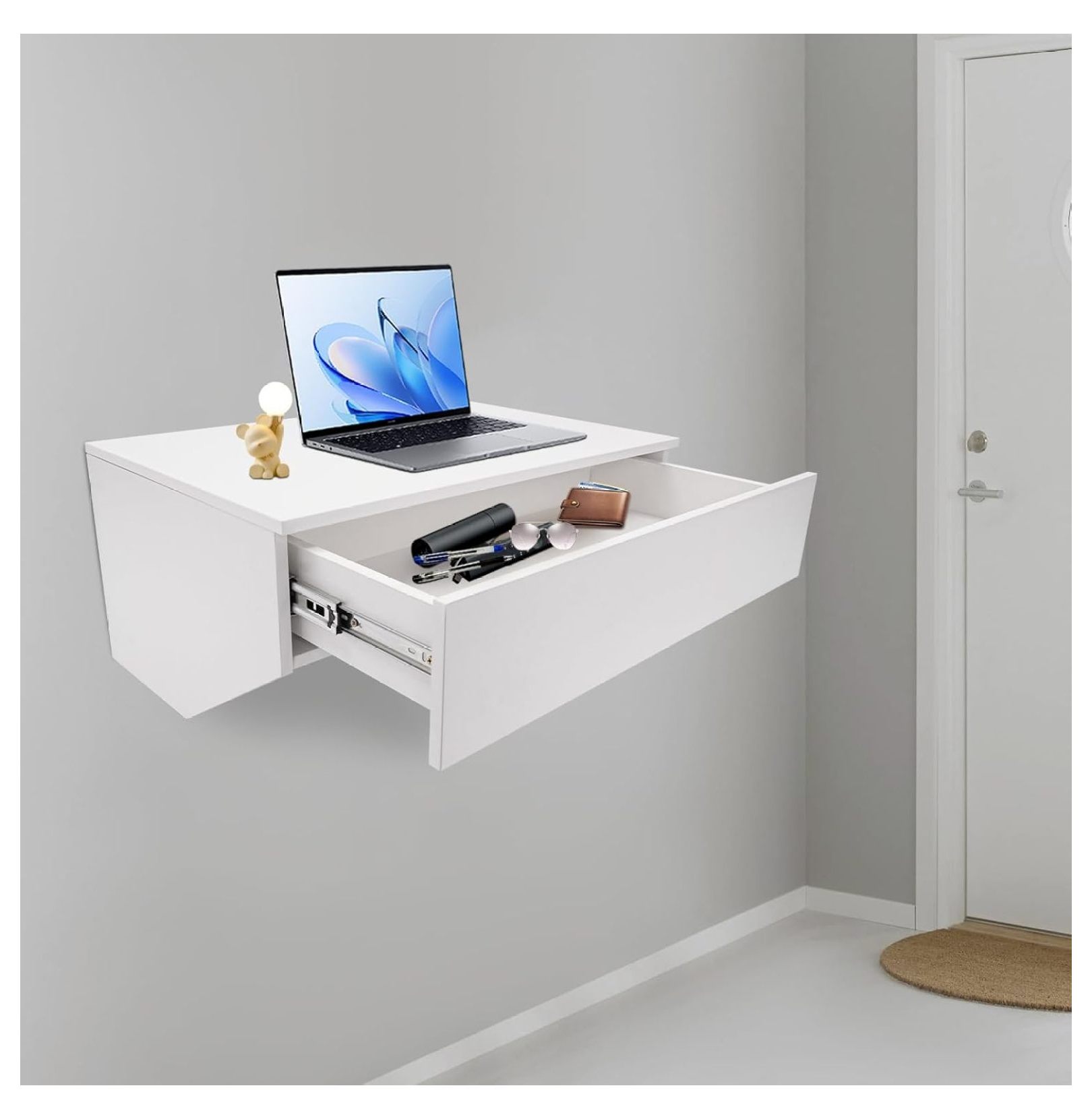Wall Mounted Desk with Pull Out Drawer, 28" L White Wall Mounted Desk ...