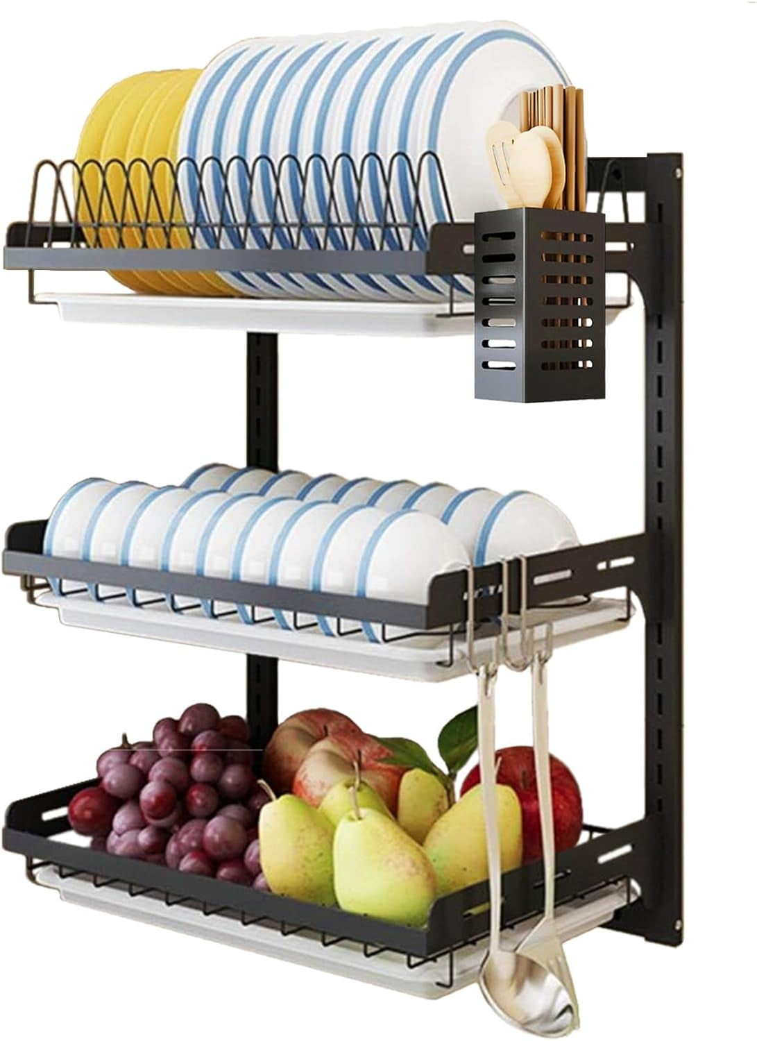 Wall Mounted Dish Drying Rack, 3 Tier Hanging Dish Rack Drainer, Wall ...