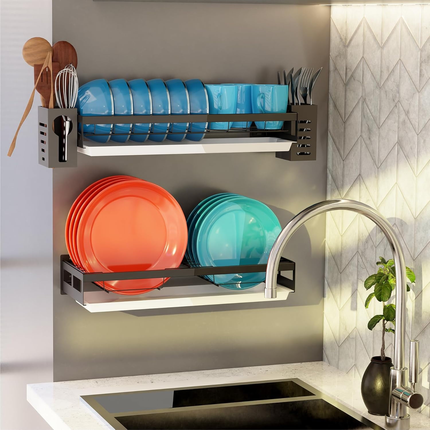Wall Mounted Dish Drying Rack - Ideal for Small Spaces, Max Side-by ...