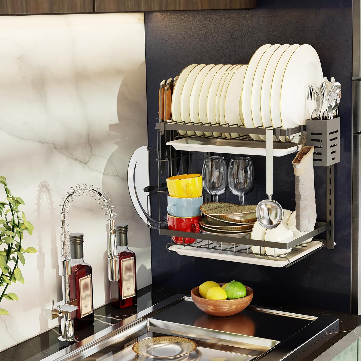 Wall Mounted Dish Drying Rack with Knives Holder, Hook*4, Hanging Wall ...