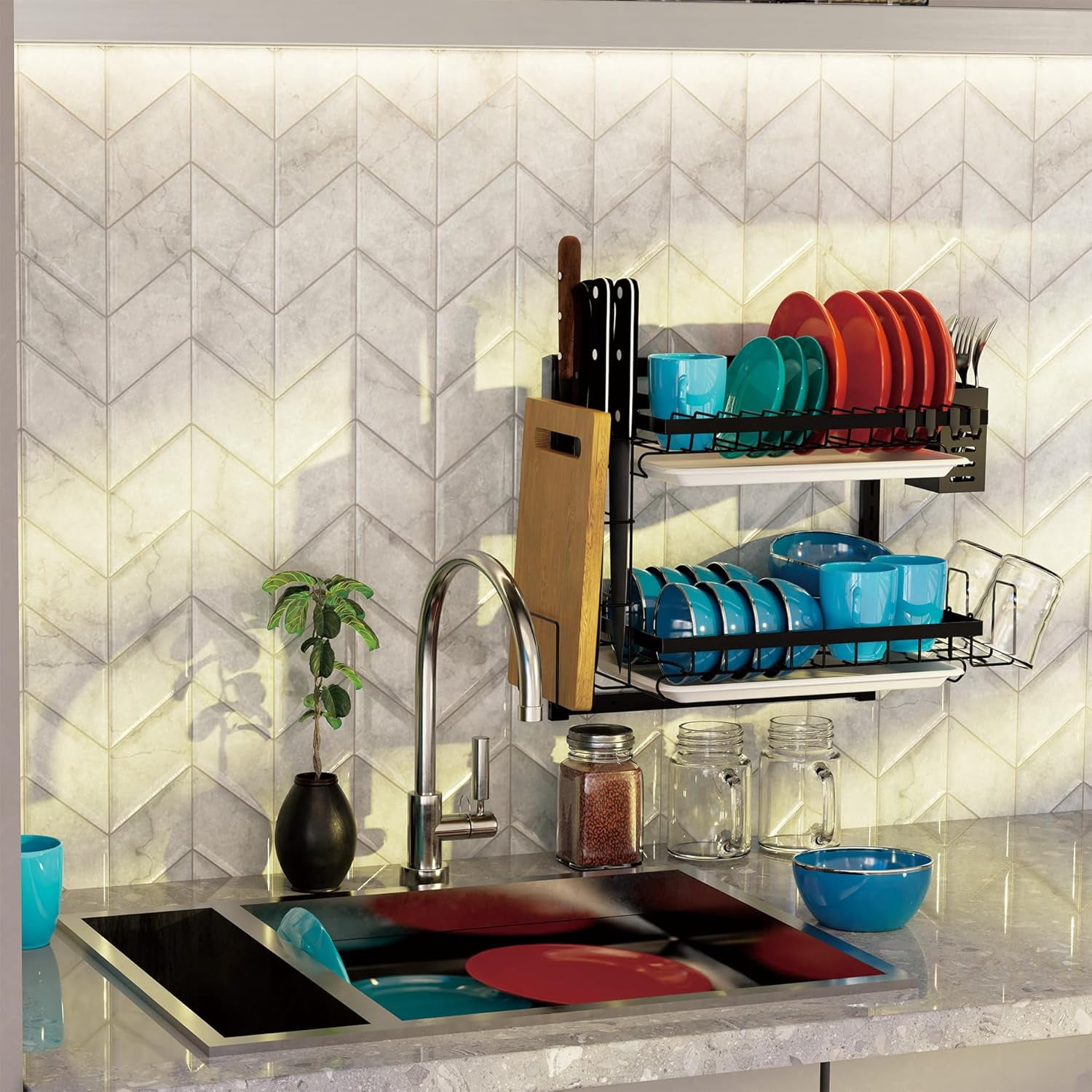 Wall Mounted Dish Rack, Hanging Dish Wall Rack,Dish Organizer on Wall ...