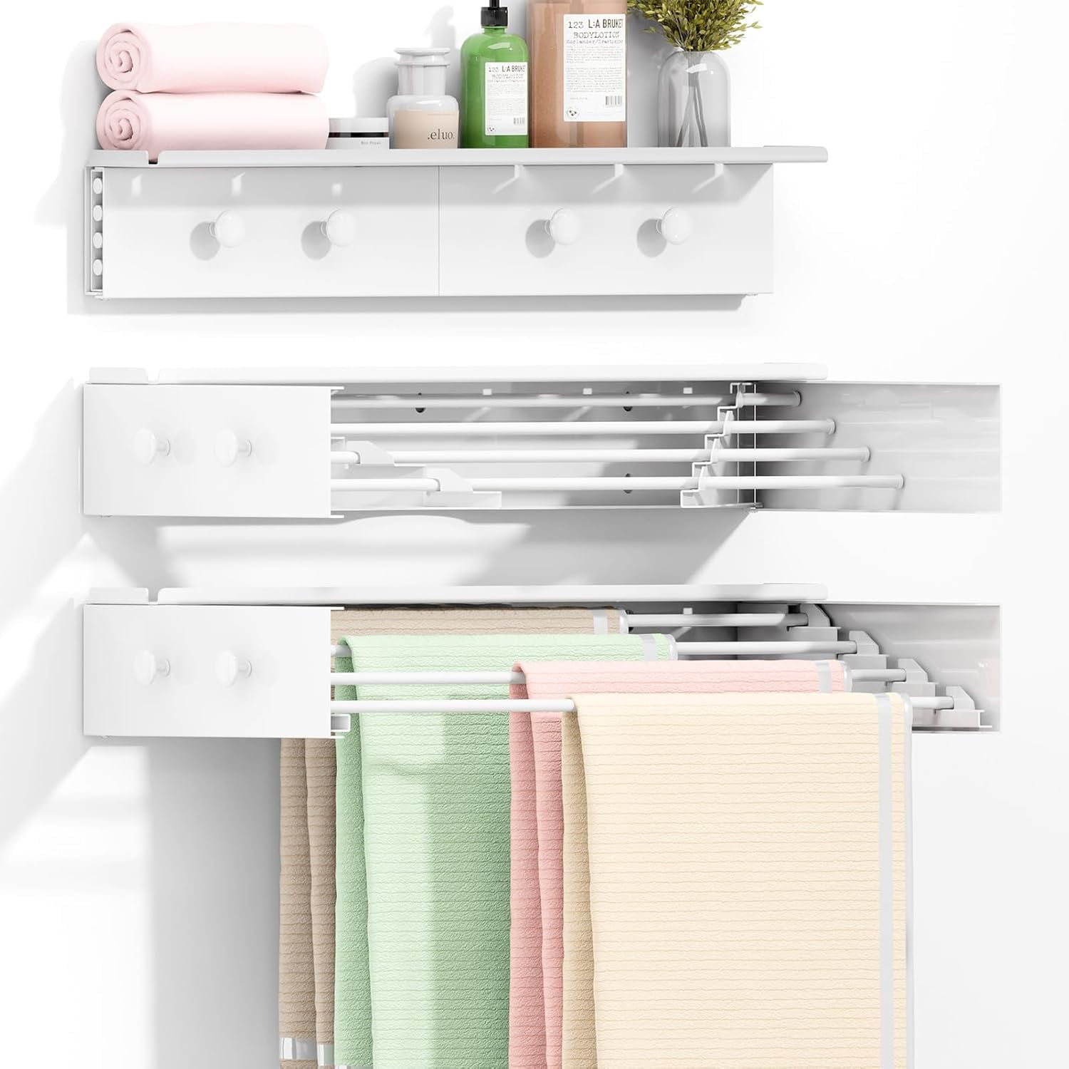 Wall Mounted Drying Rack with 4 Hooks and Shelf, Foldable Clothes ...