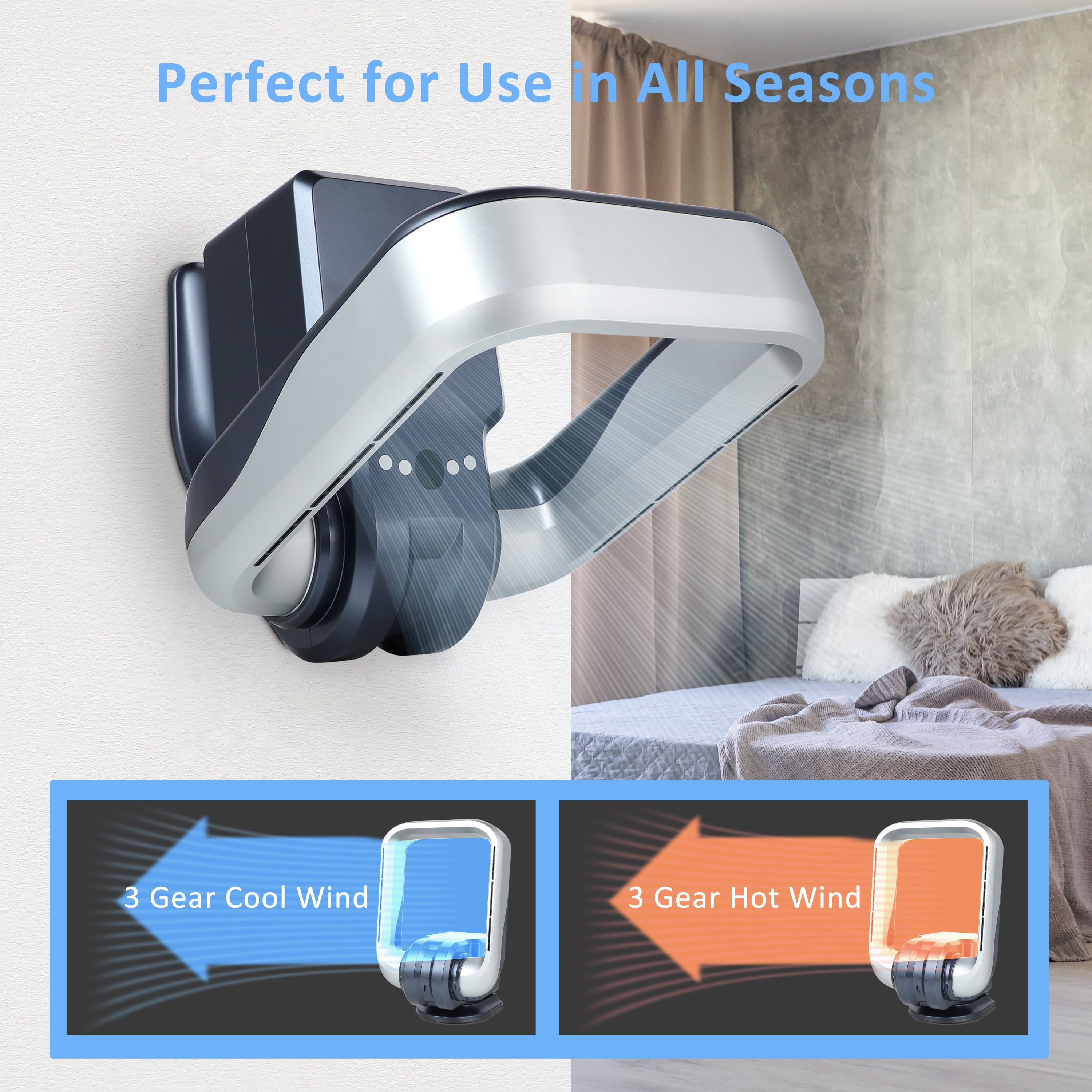 Indoor Wall Mounted Bladeless Fan & Heater Combo with Remote ...