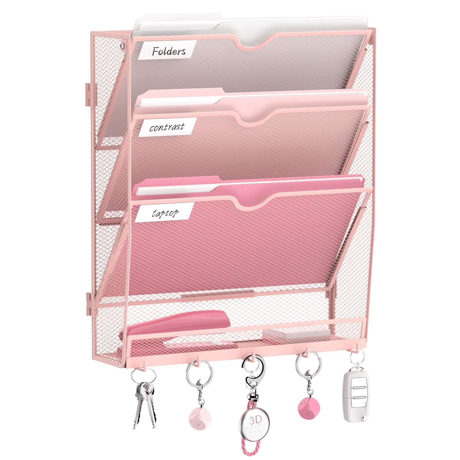 Wall Mounted File Organizer, Hanging Metal Mesh Mail Holder with Key ...