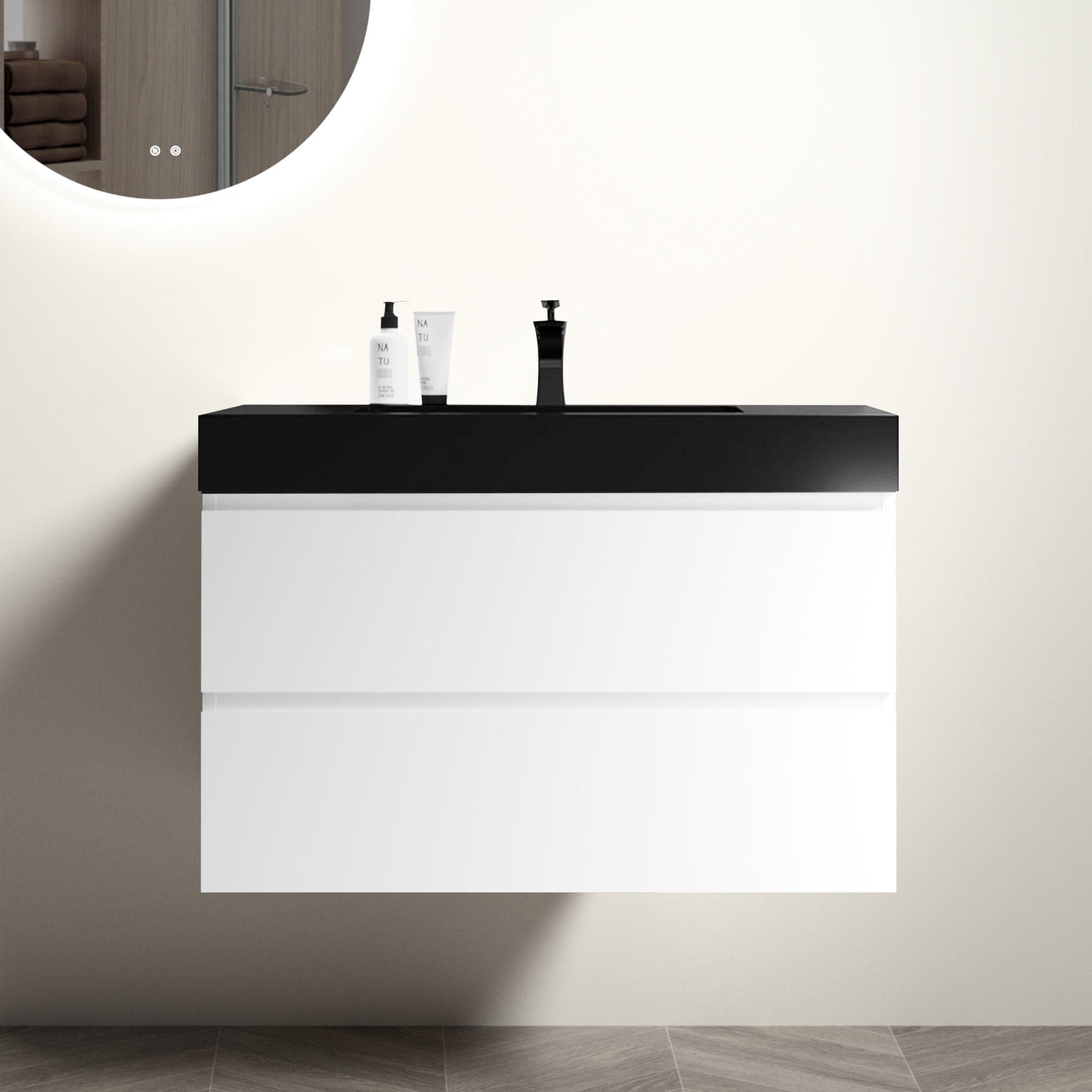 Wall Mounted Floating Vanity+Silent Drawer Runners"-"Daily Bathroom Use ...