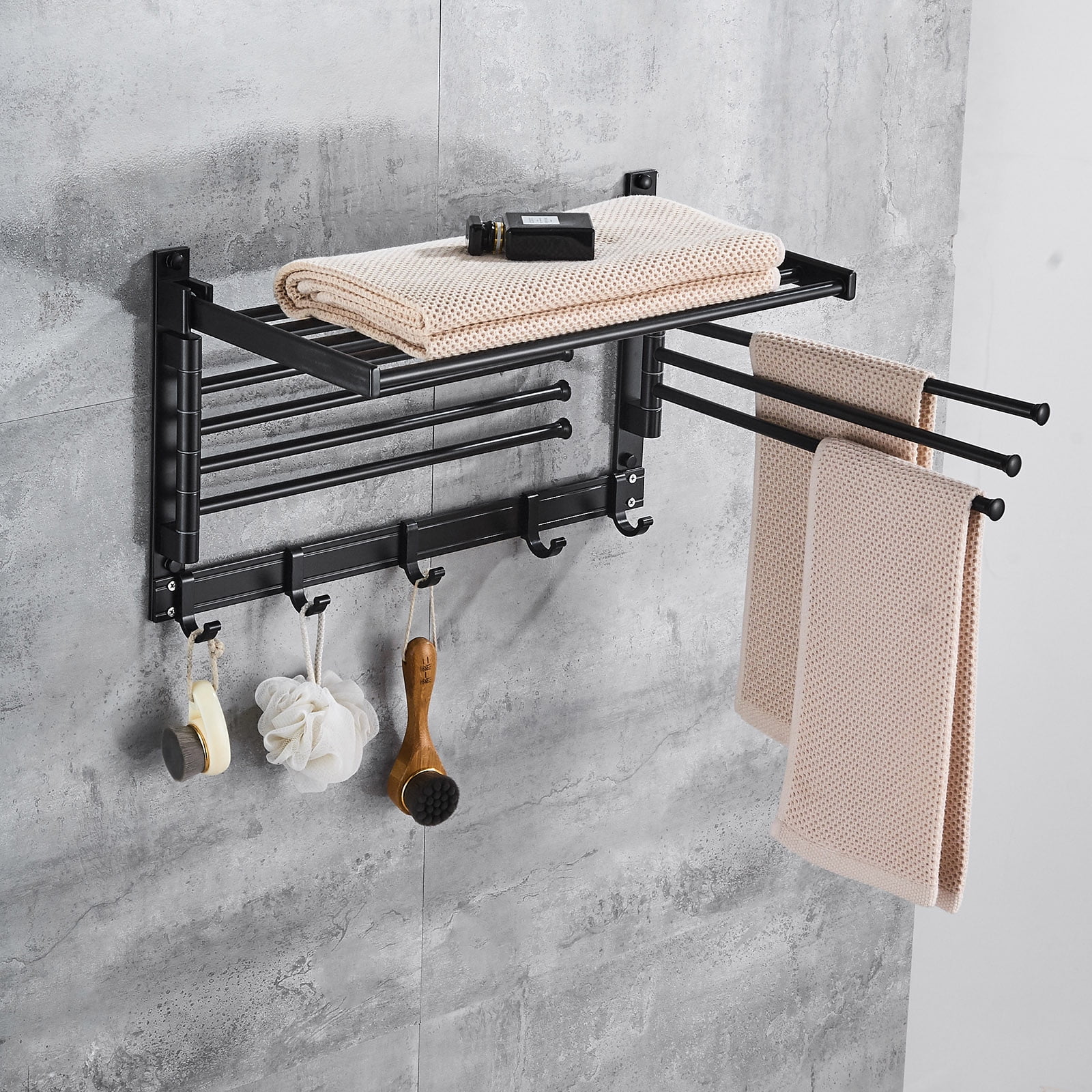 Wall Mounted Foldable Swivel Drying Rack Hanging Racks with Hooks Black ...