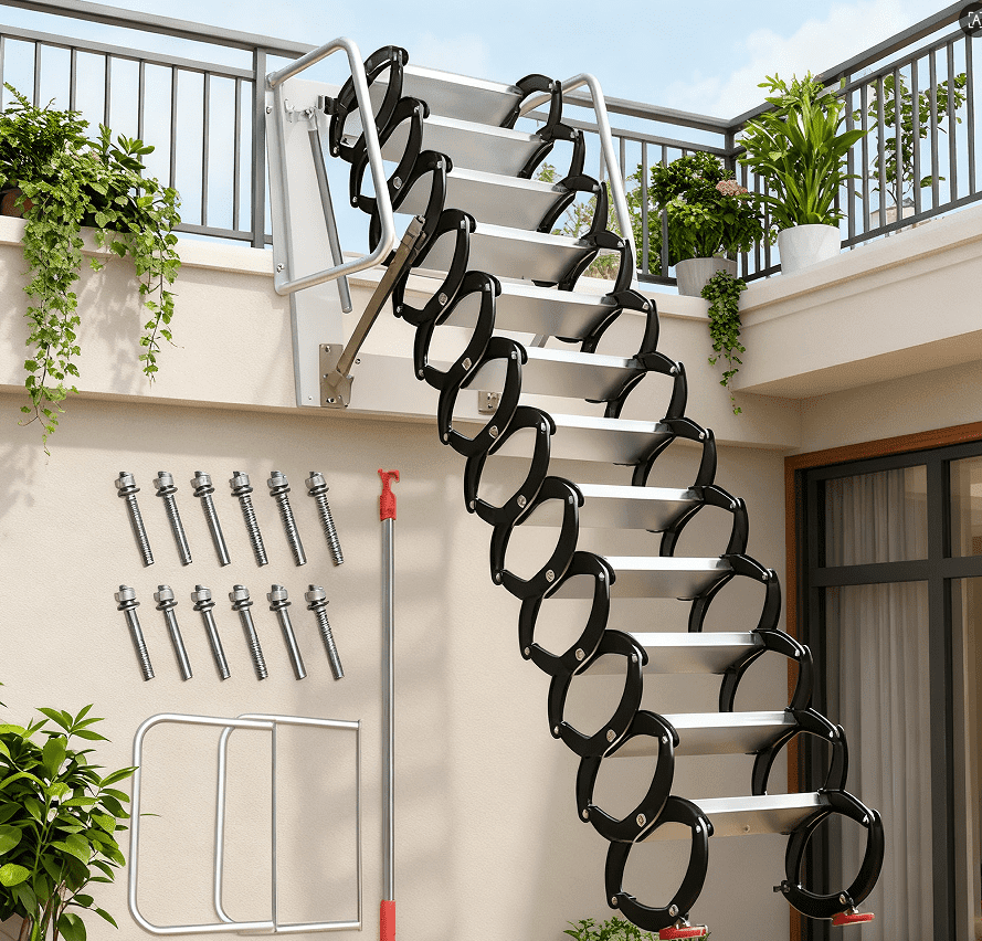 Wall-Mounted Folding Stairs, 12 Steps 3.2m Folding Loft Staircase with ...