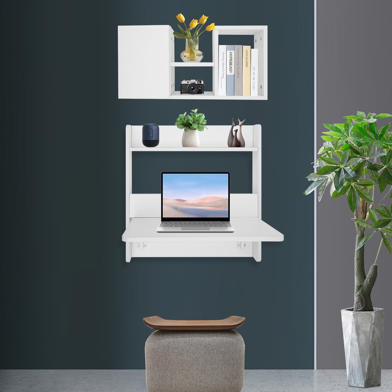 Wall-Mounted Folding Writing Desk with Bookshelf, Solid Wood Floating ...