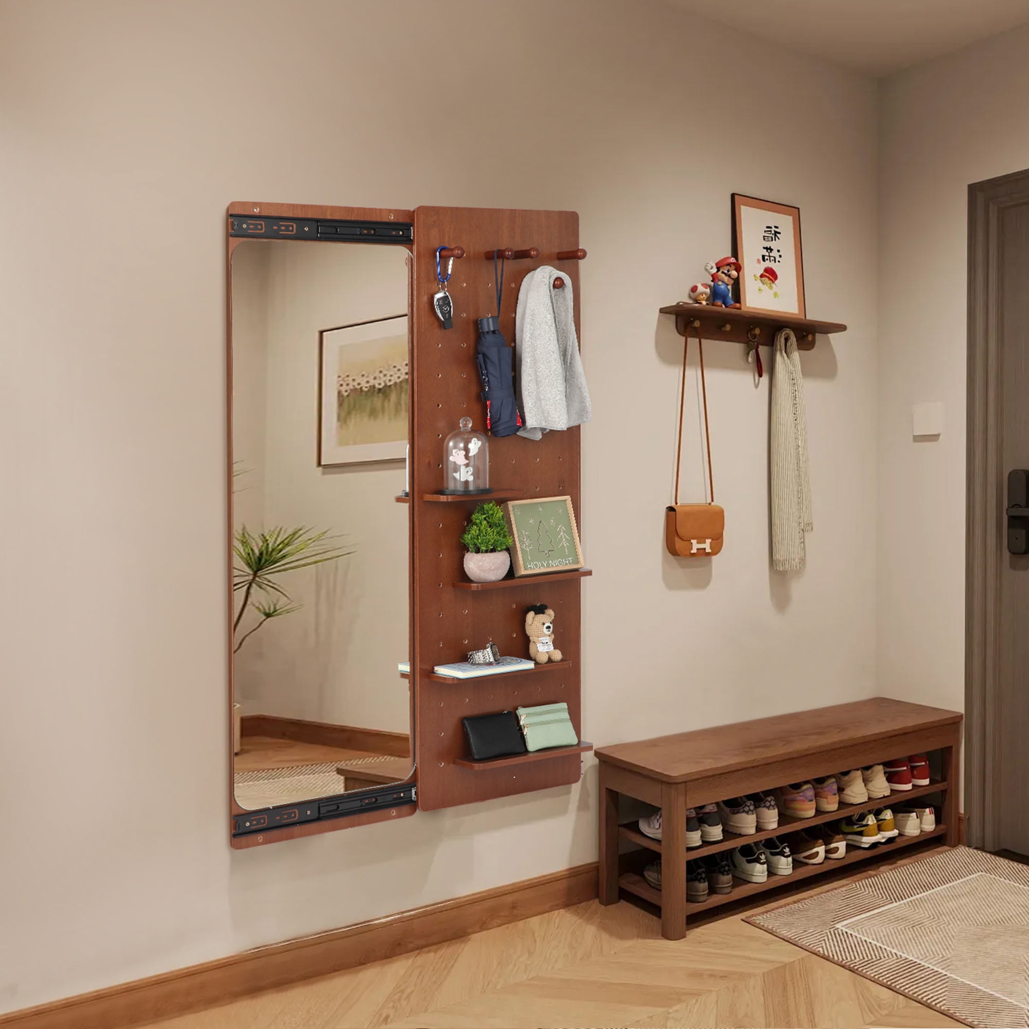 Wall Mounted Full Length Mirror with Shelf and Hook, Classic Rubber ...