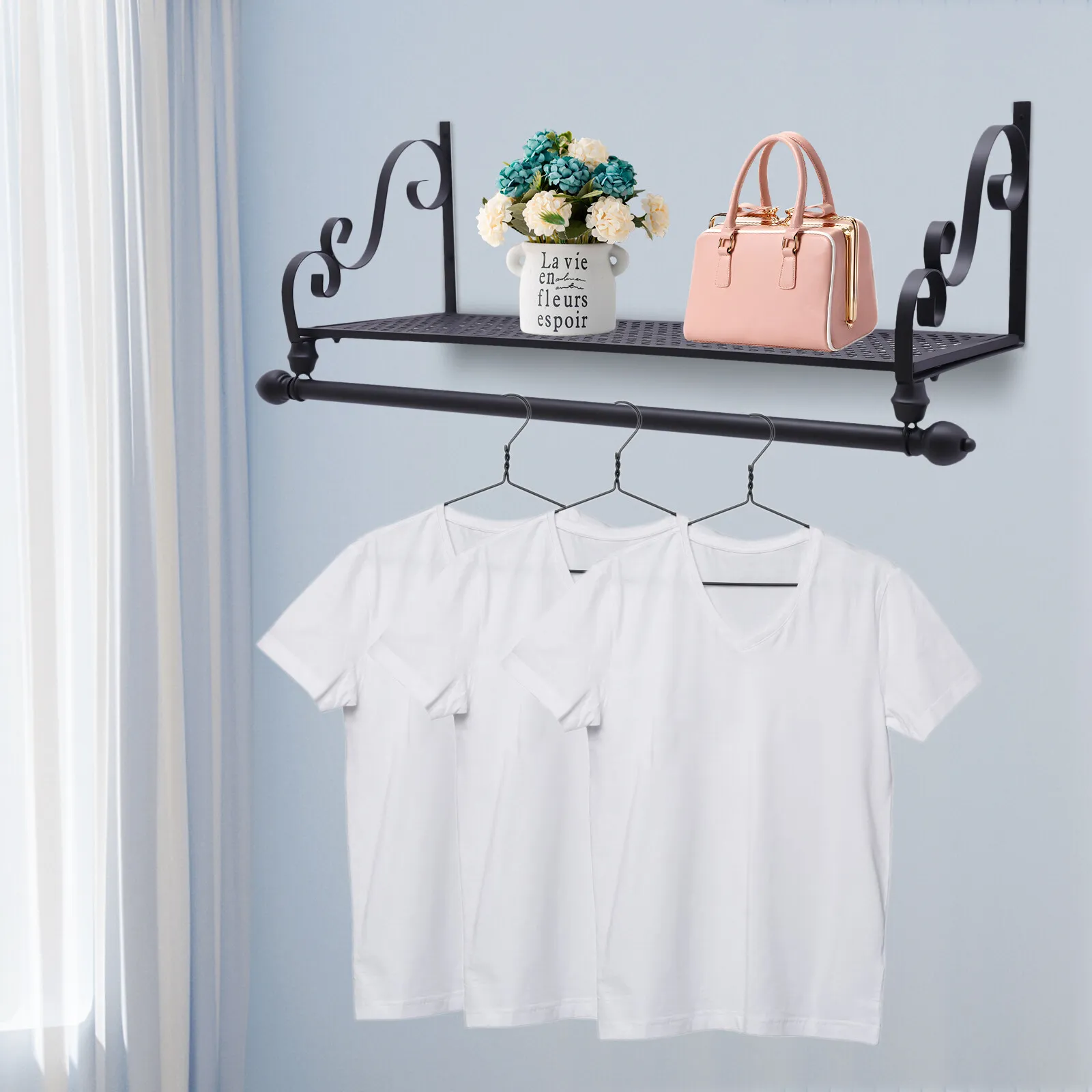 Wall Mounted Garment Shelf Heavy Duty with Hanging Rod+Storage Cabinet ...