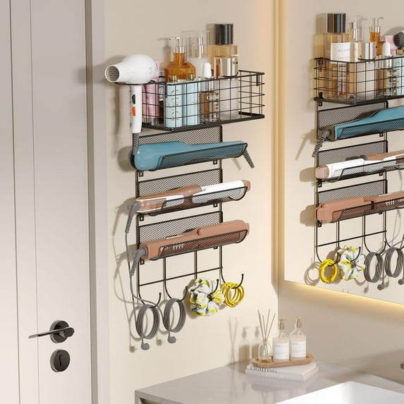 Wall-Mounted Hair Dryer Holder Styling Tool Organizer 4-Shelf Storage ...