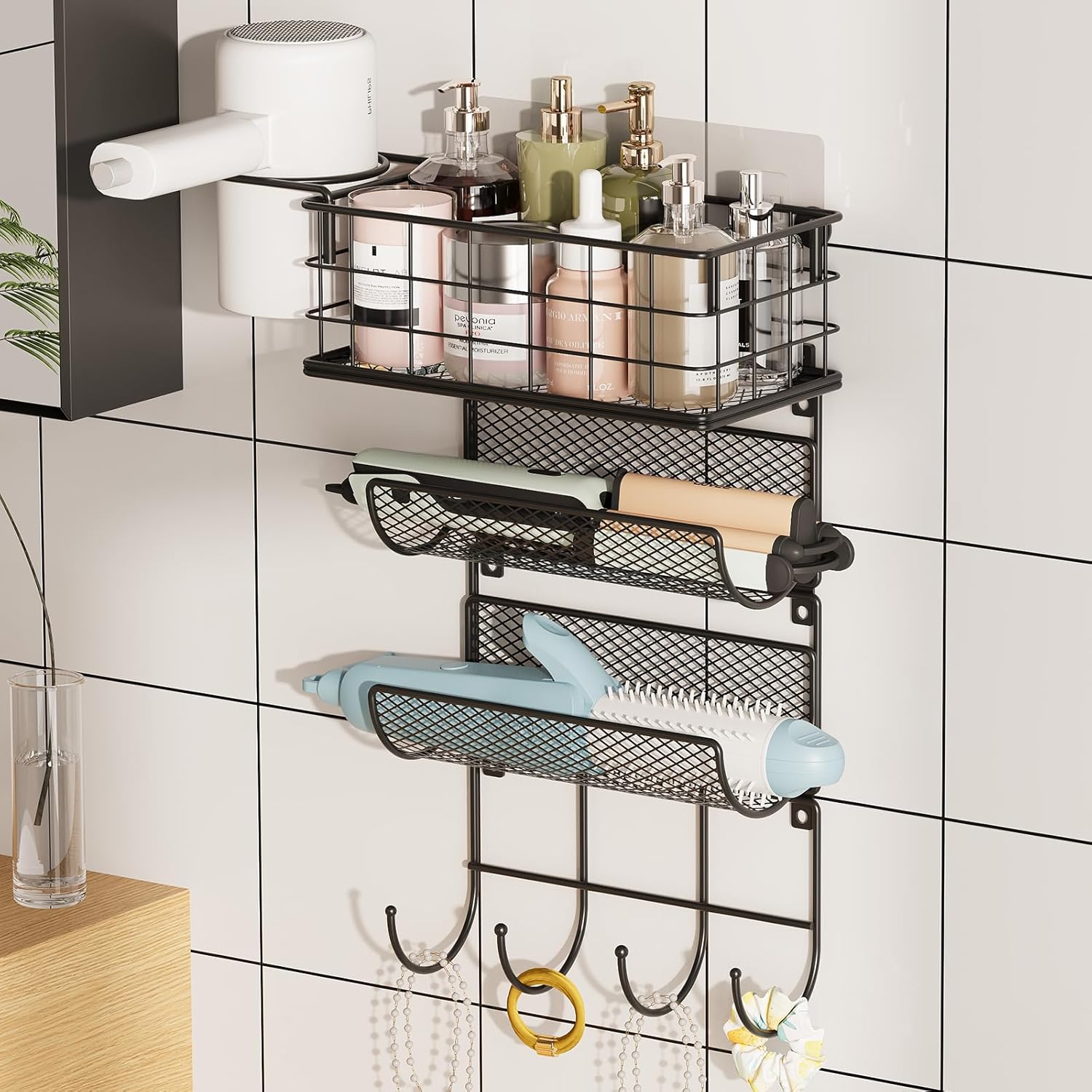 Wall-Mounted Hair Dryer Holder Styling Tool Organizer 4-Shelf Storage ...