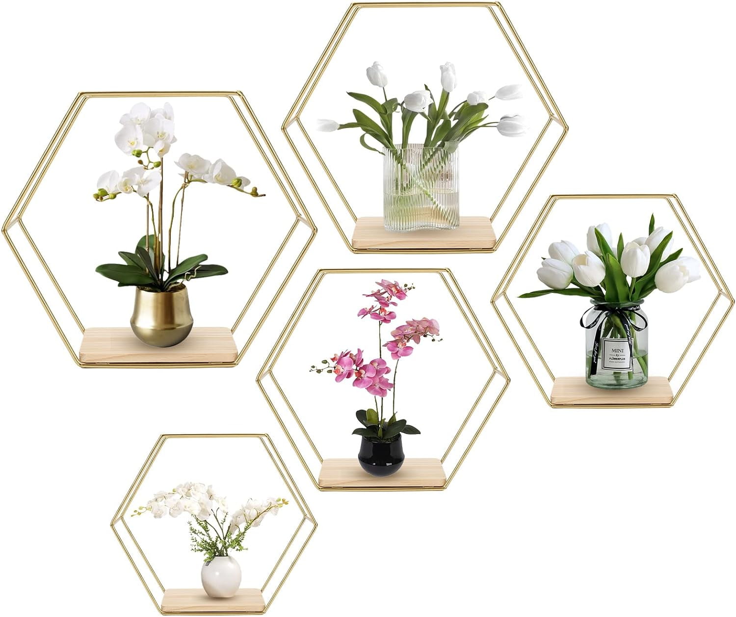 Wall Mounted Hexagonal Floating Shelves Set of 5 in Different Sizes ...