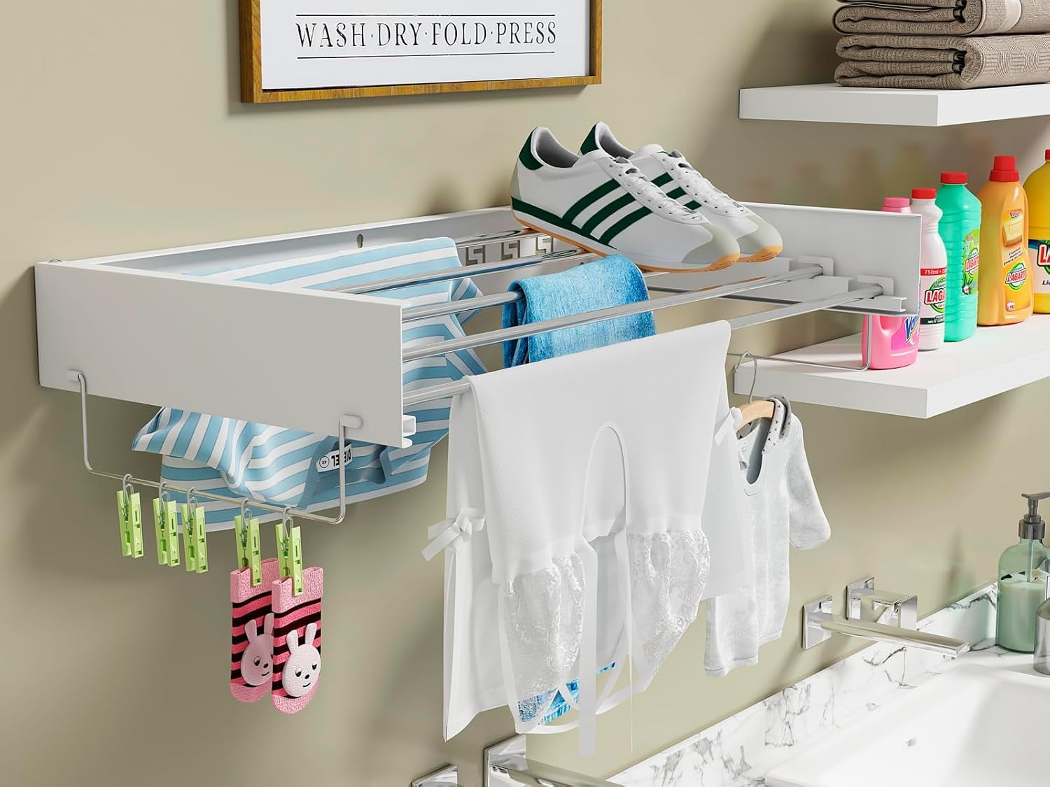 Wall Mounted Hidden Clothes Drying Rack - Pull-Out Laundry Organizer ...