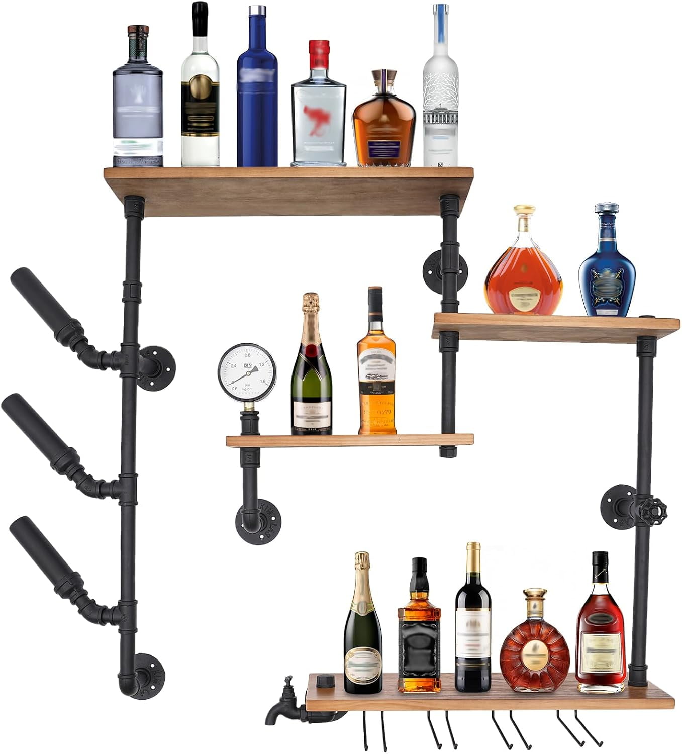 Wall Mounted Industrial Pipe Wine Rack Floating Bar Shelves with 4 Stem ...