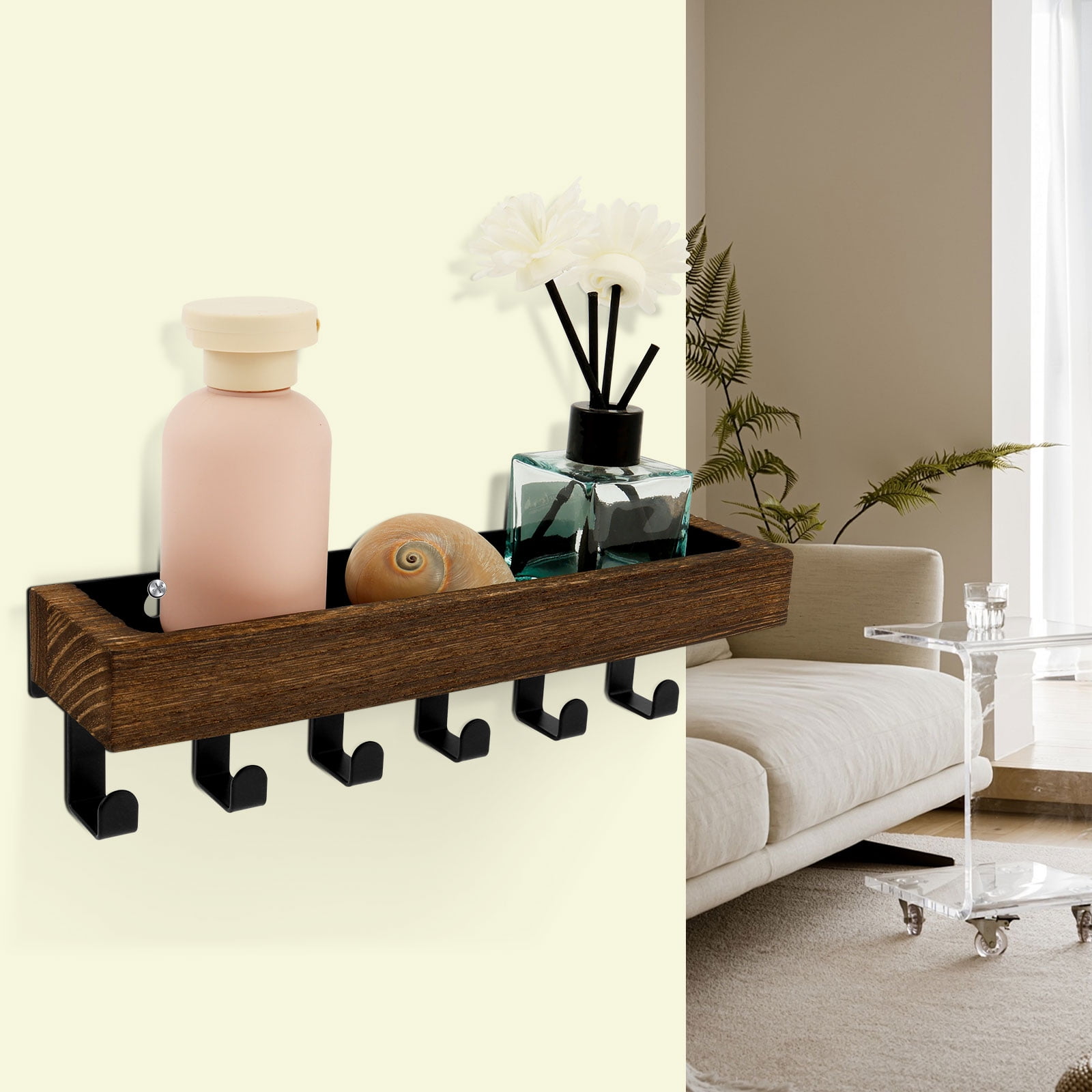 Wall Mounted Key Rack Shelf with Wood Tray and 6 Hook Versatile Wall ...