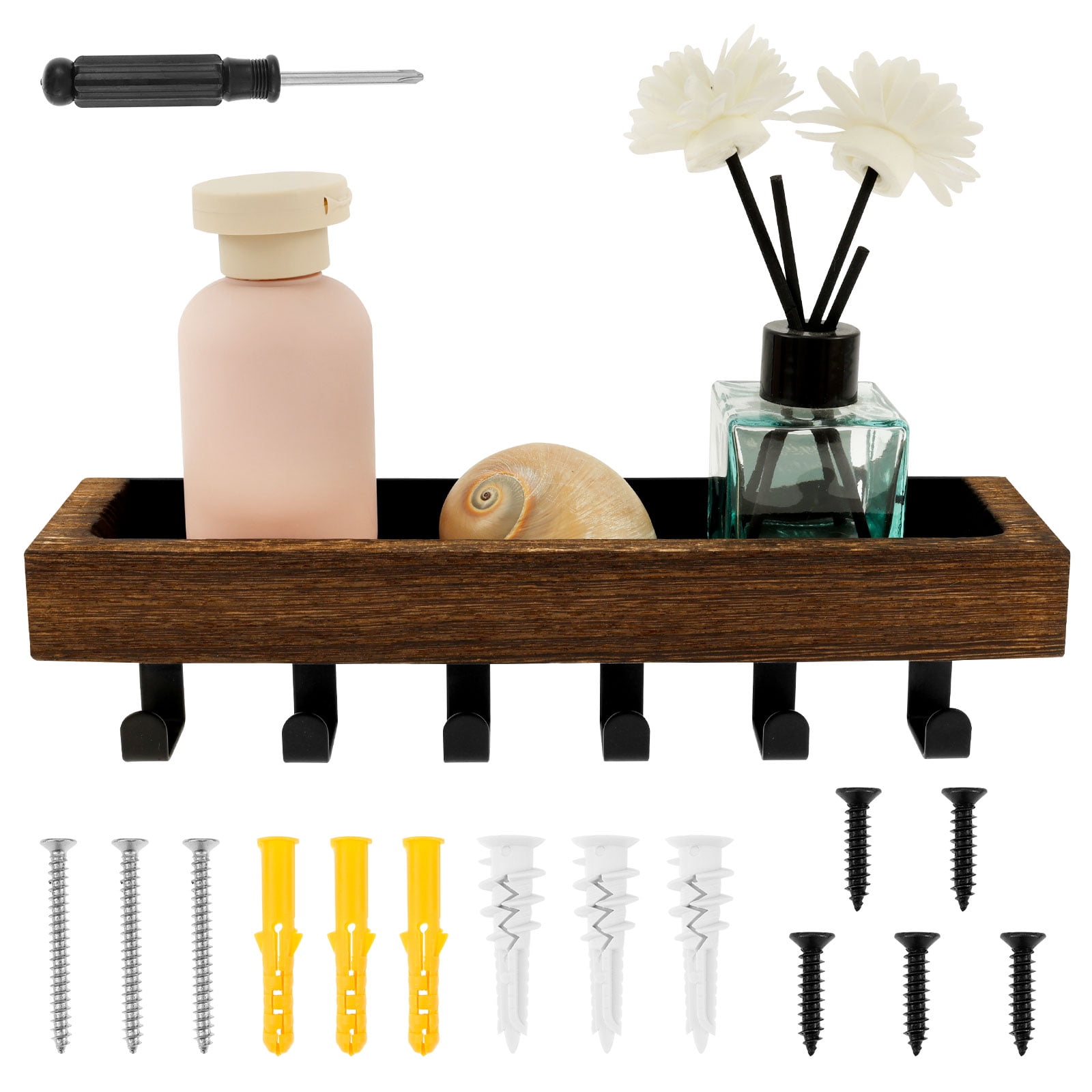 Wall Mounted Key Rack Shelf with Wood Tray and 6 Hook Versatile Wall ...