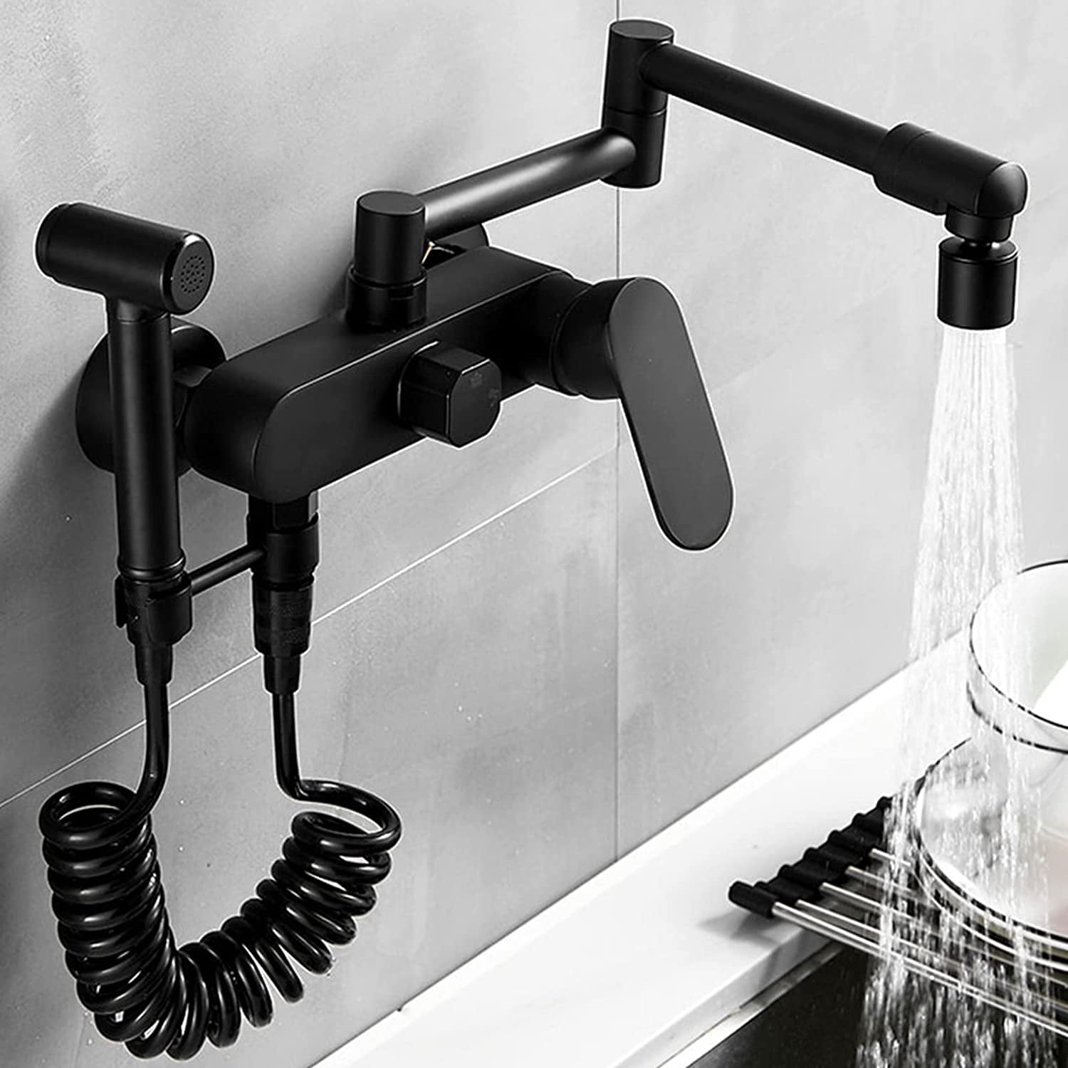 Wall Mounted Kitchen Faucet Brass Double Bore Telescopic Hot and Cold ...
